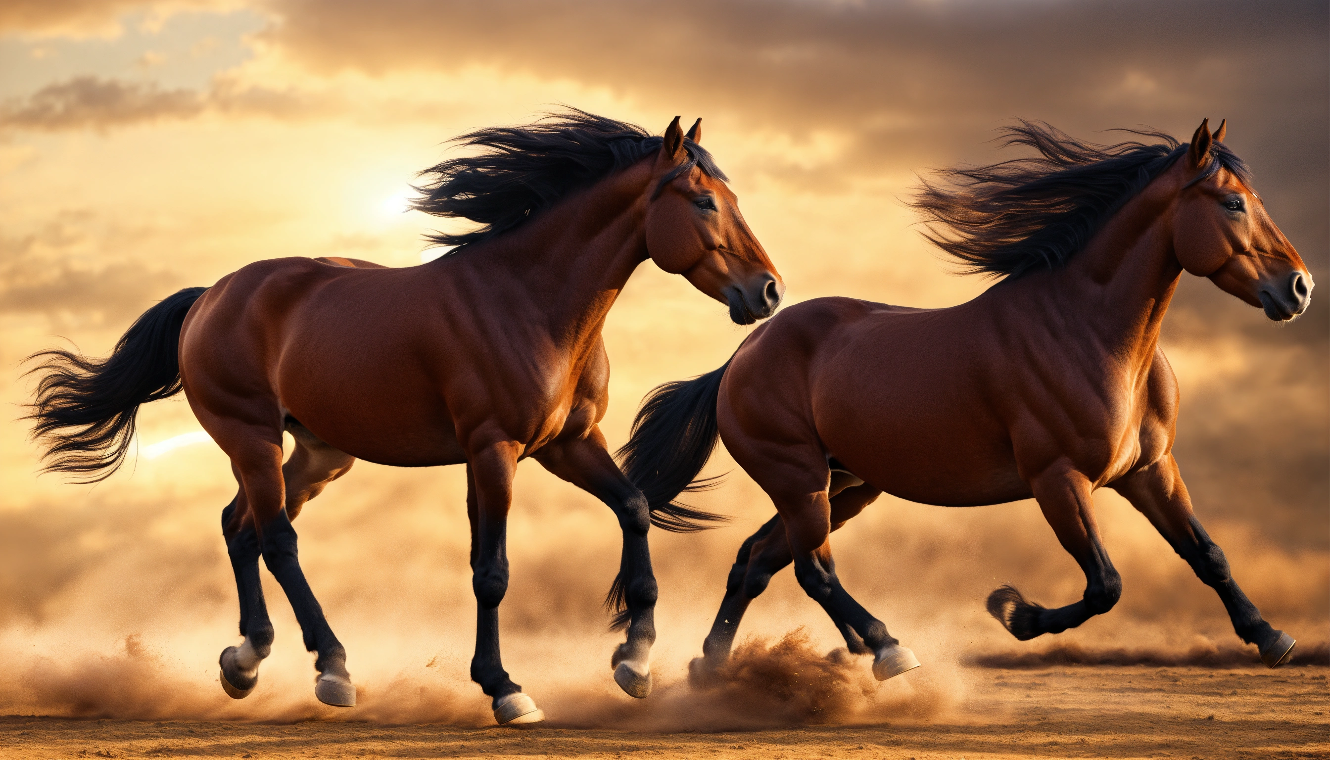 Lexica - Two wild horses side on profile galloping running 3d render photo