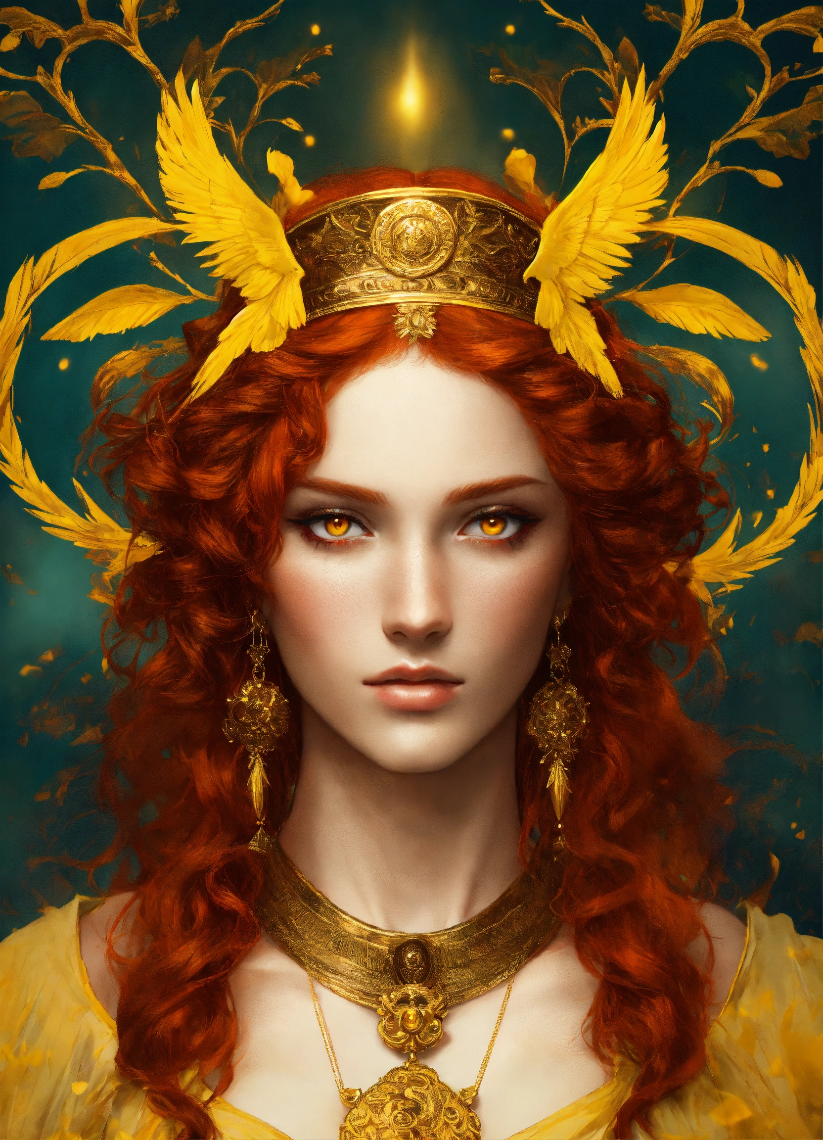 Lexica - Greek goddess with red hair and yellow eyes. royal portrait