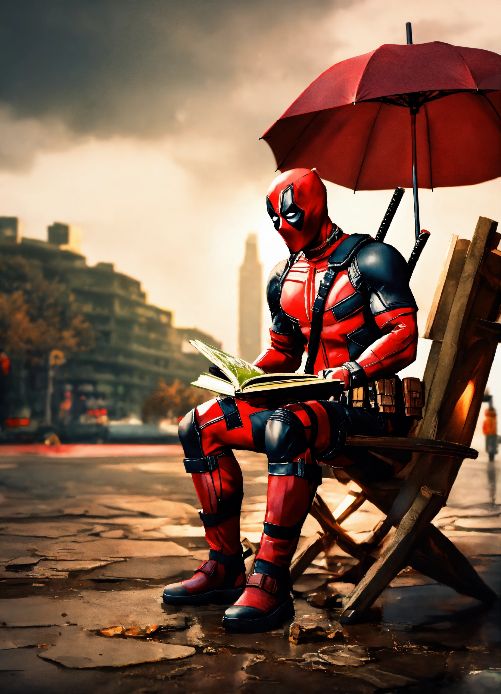 Lexica - Deadpool holding an umbrella reading a book, unreal engine ...