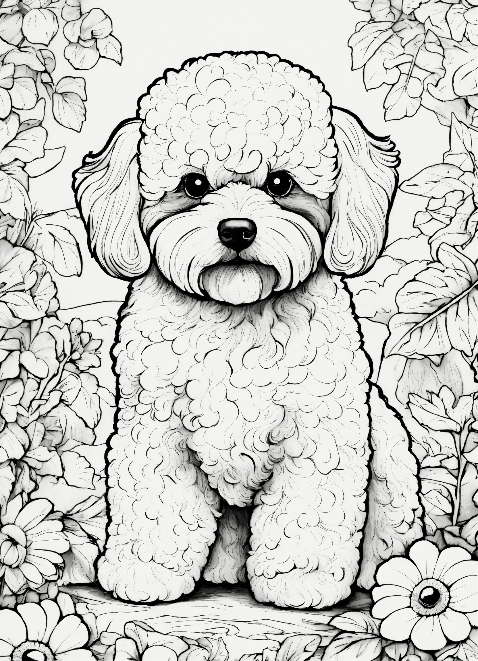 Lexica - Lovely background with Bichon Friese, format as coloring book page