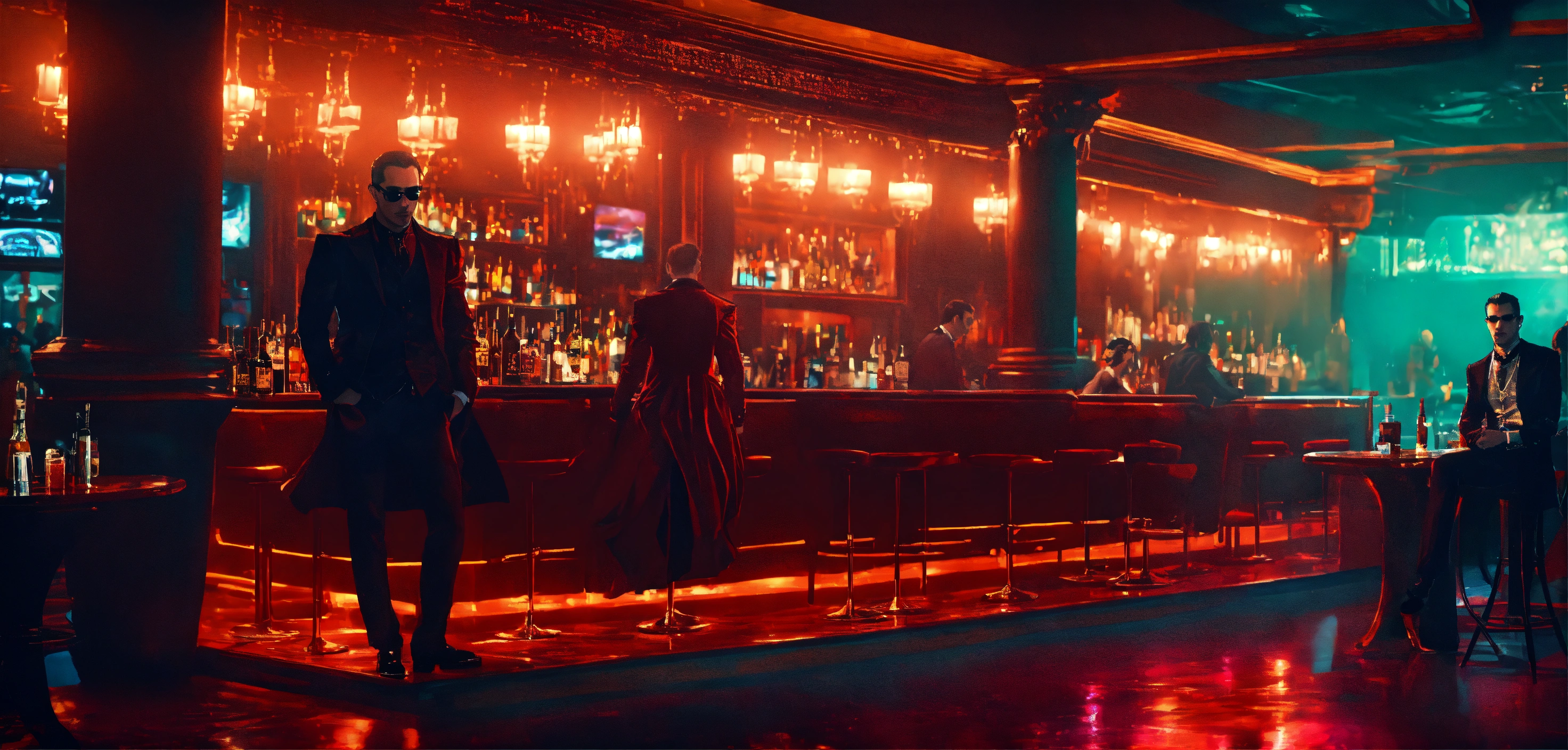 Lexica - Cinematic look, urban city night club bar with guests ...