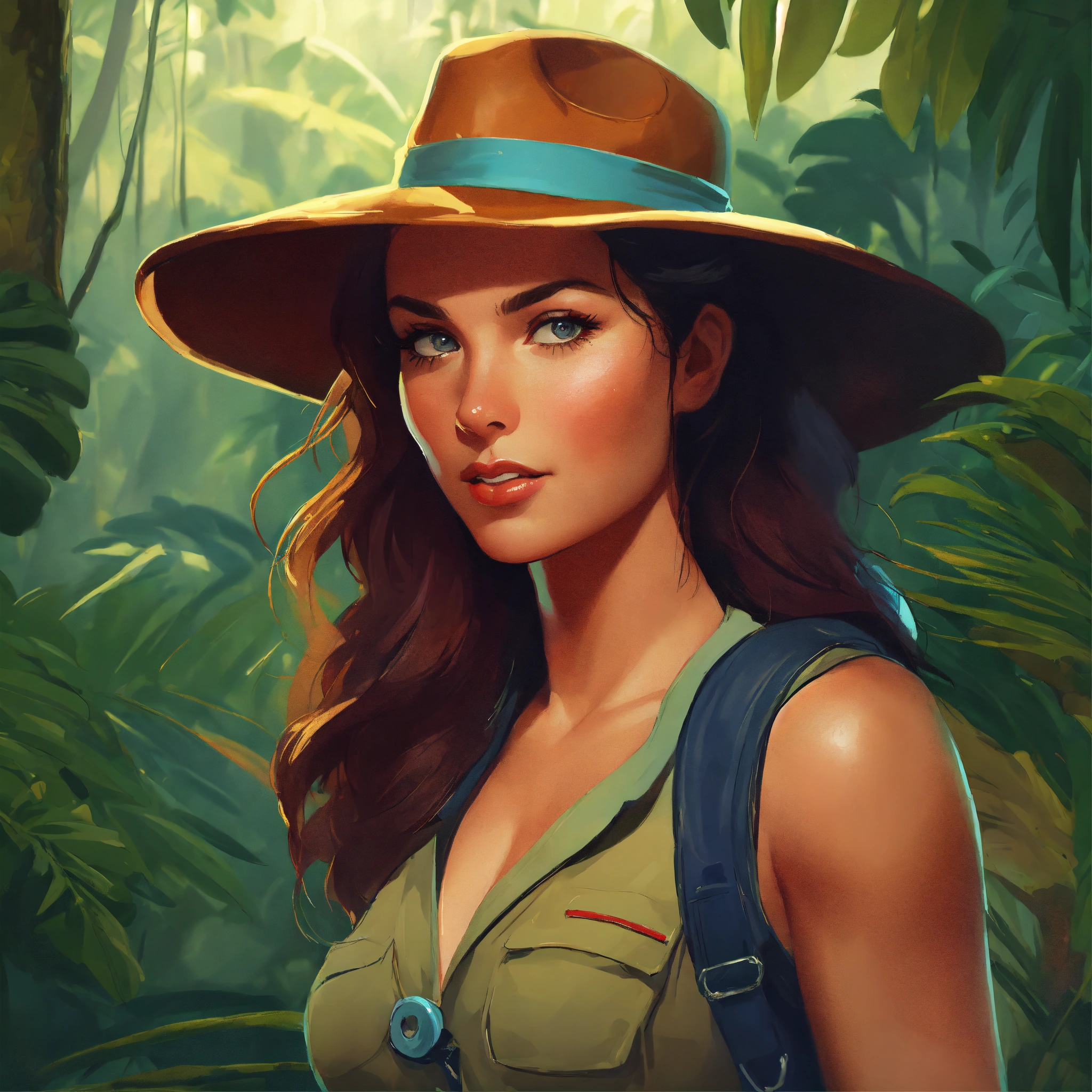 Lexica - Vintage adventure woman in jungle, realistic cartoon oil paint ...