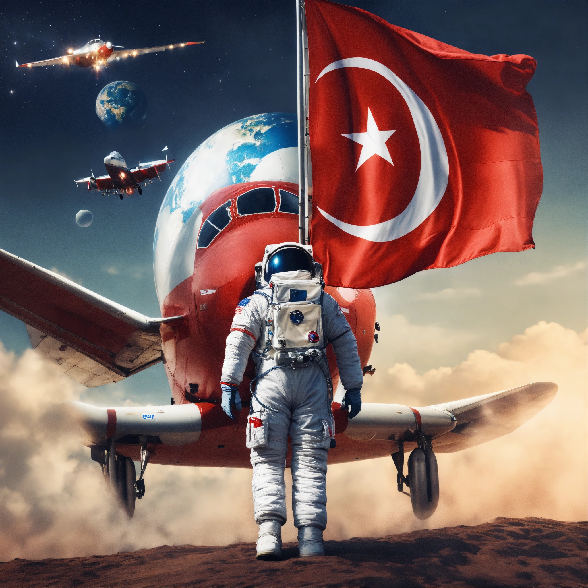 Lexica - Astronaut, aeroplane, realistic, turkish flag