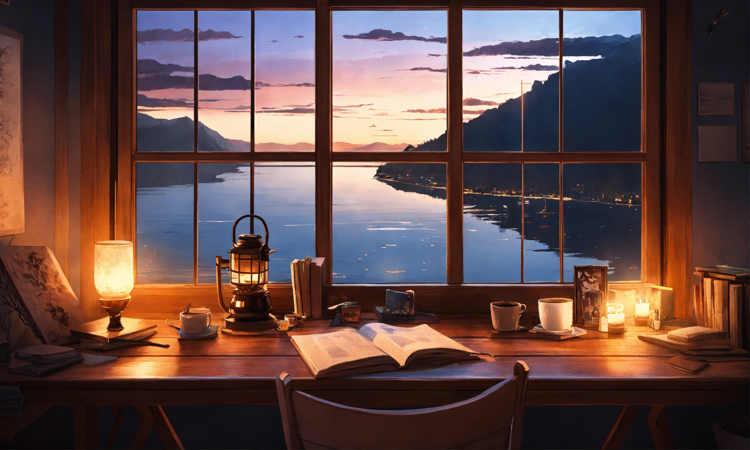 Lexica - Anime study room in finland against fjord, big centered window ...