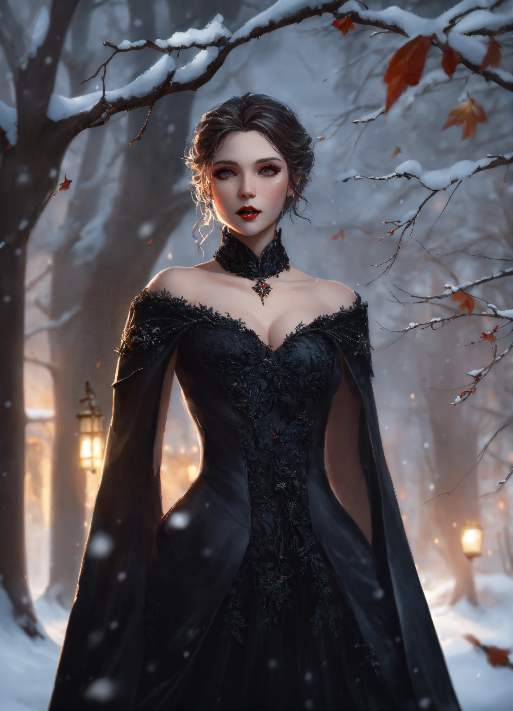 Lexica - A beautiful vampire wearing a black long dress stands covered ...