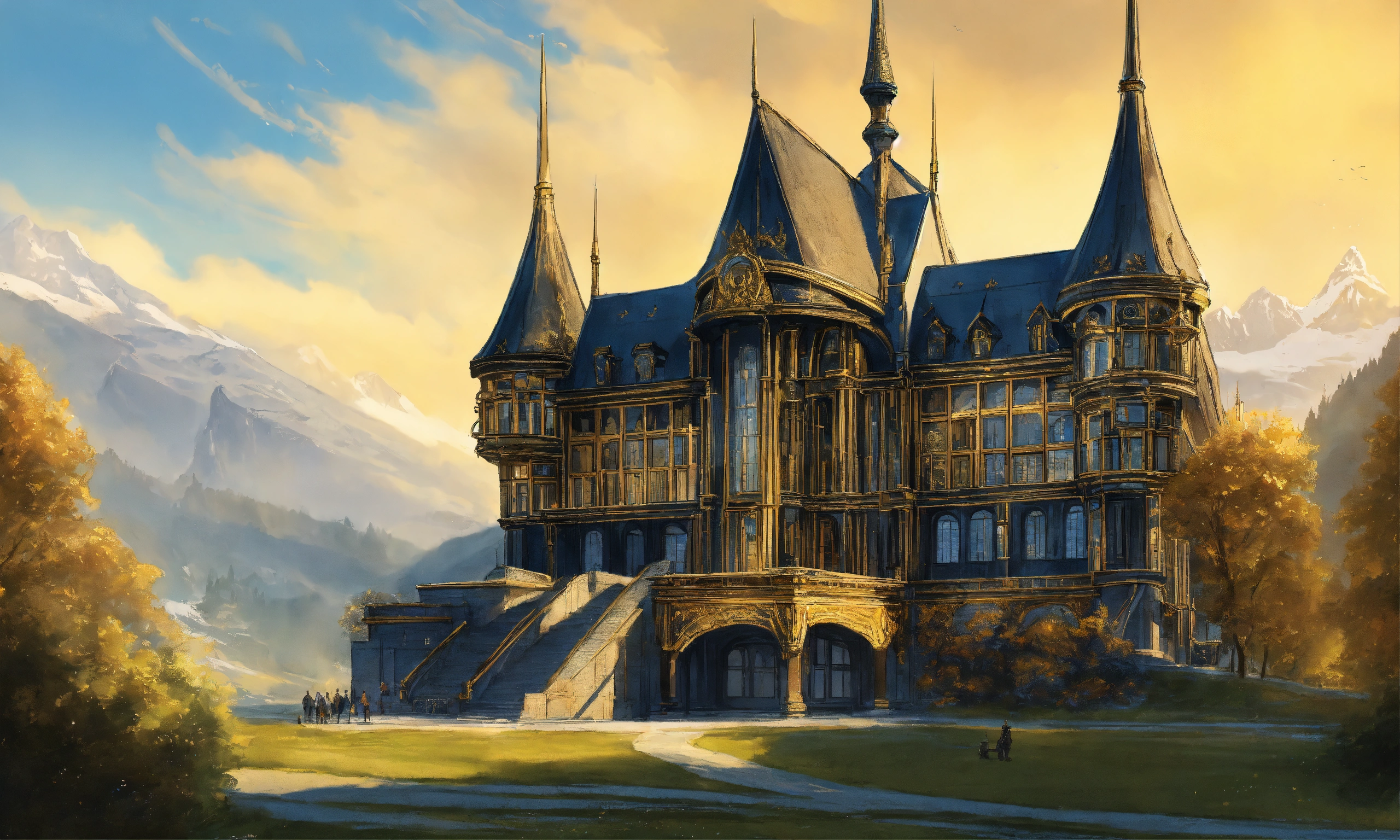 Lexica - Drawing of the full image of a massive black and gold elegant ...