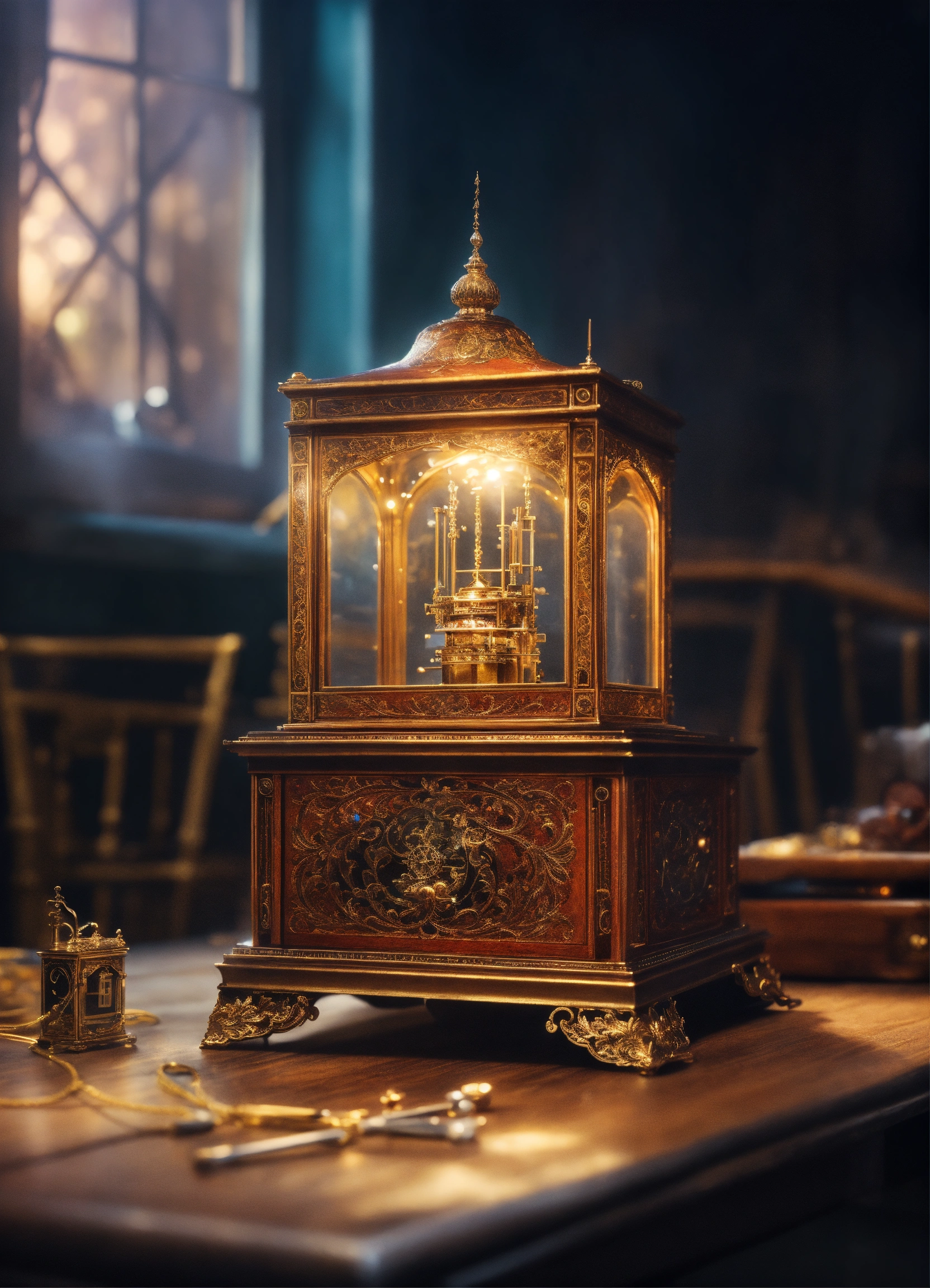 Lexica - Ominous music box on table, mystical, realistic photo, high ...