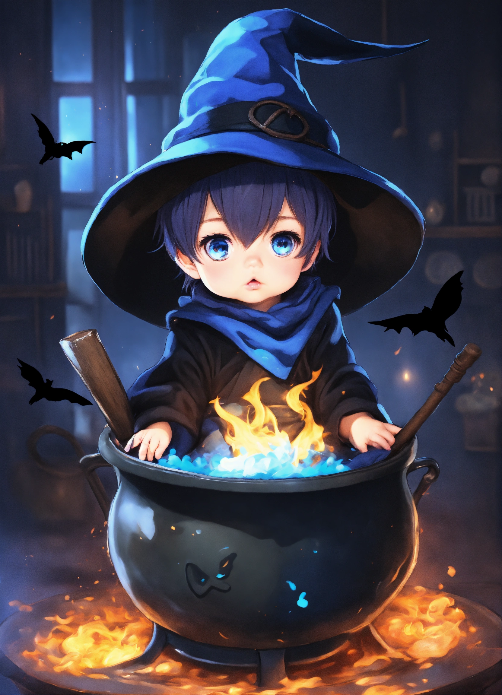 Lexica - Cute anime baby boy in cauldron black and blue clothing witch hat
