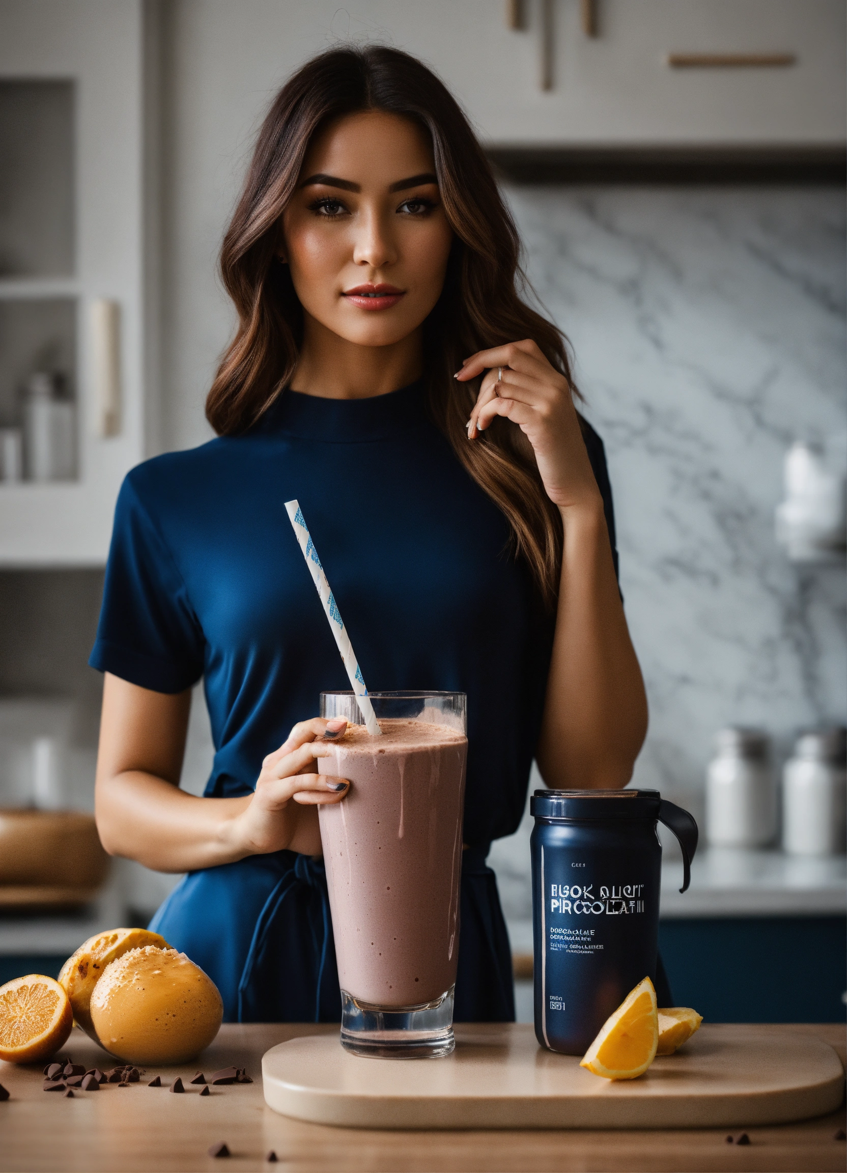 Lexica - Female influencer holding a chocolate protein shake in the ...