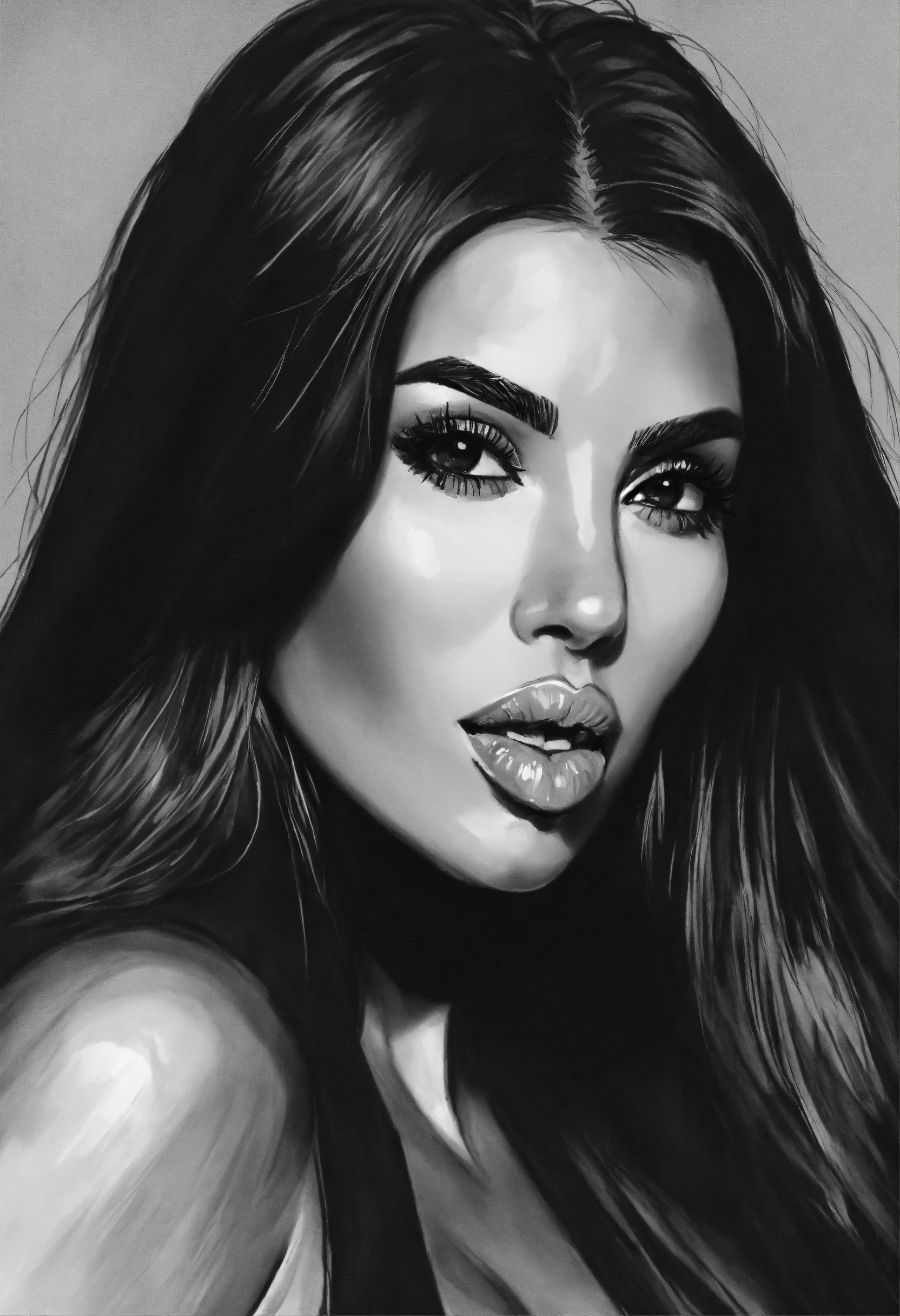 Lexica - Kim Kardashian drawing, pointing at mouth