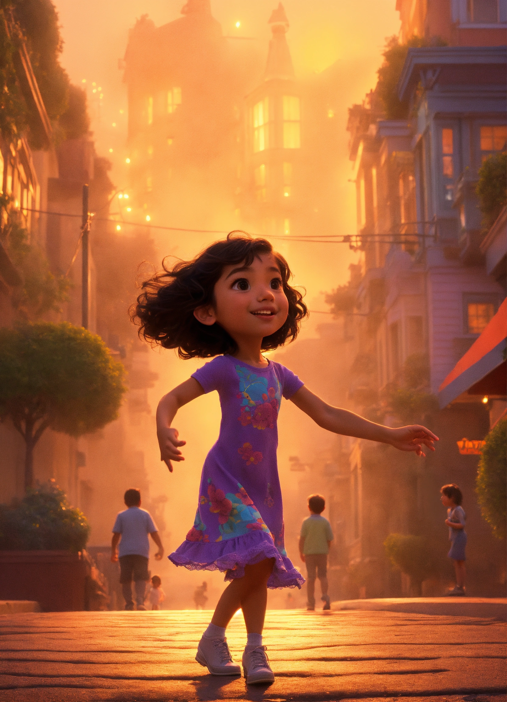 Lexica - Pixar animation of hispanic 9 year old Mia dancing with her family under the foggy San ...