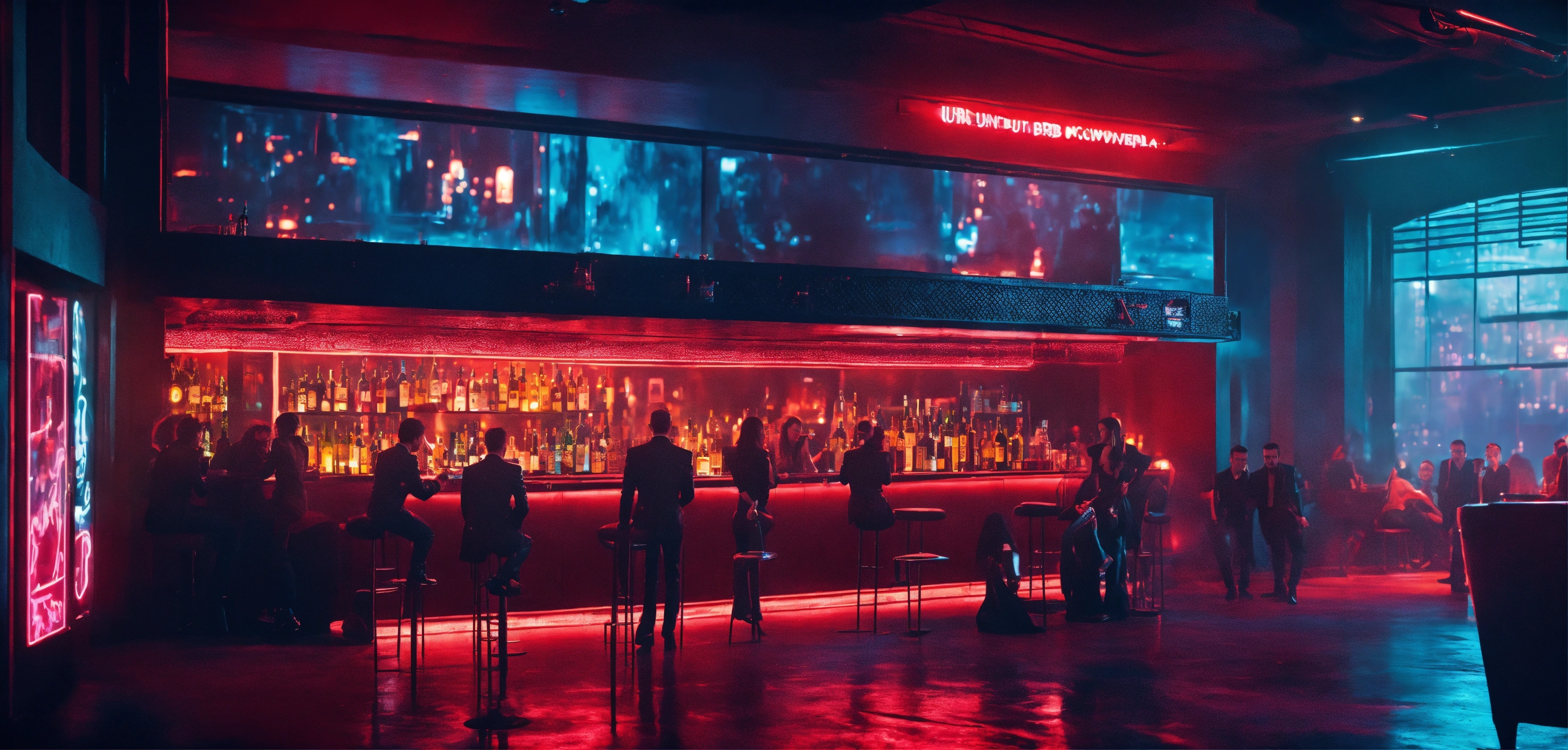 Lexica - Cinematic look, urban city night club bar with guests ...