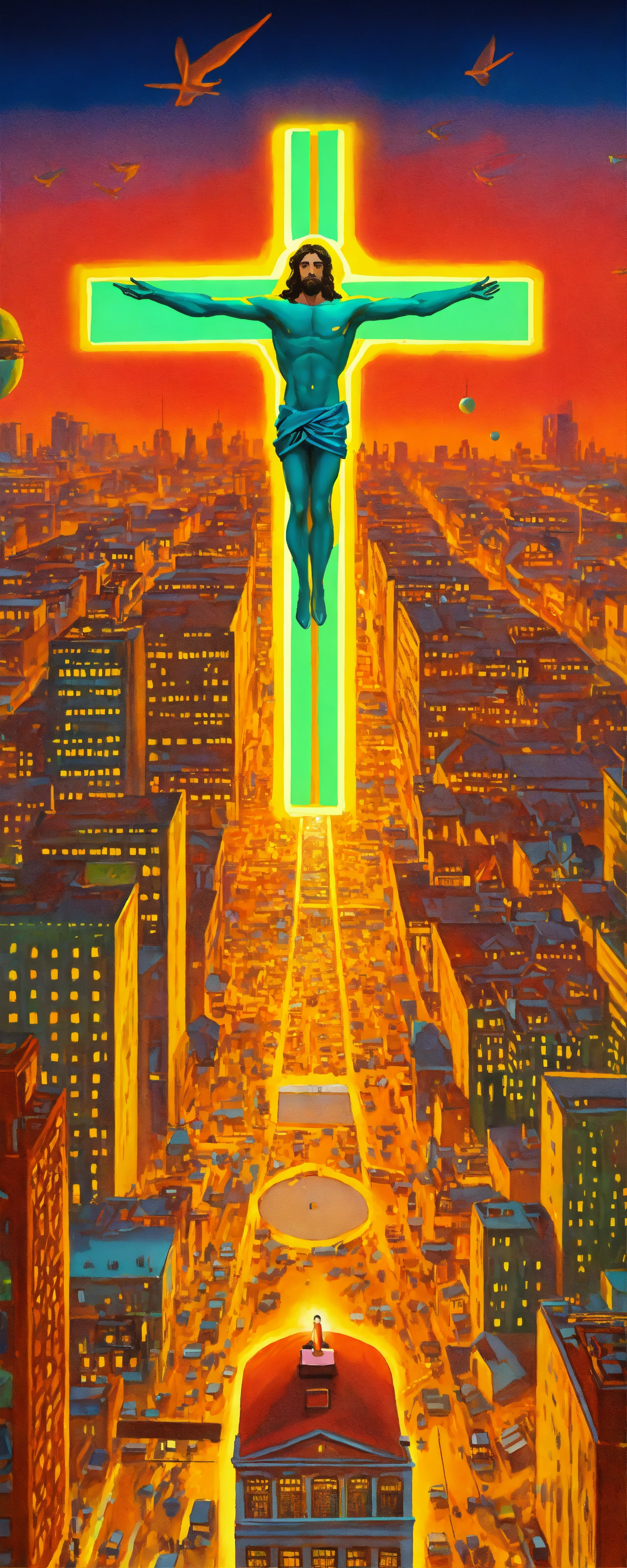 Lexica - Ultra-detailed illustration of "A huge flying iron-Jesus" in a ...