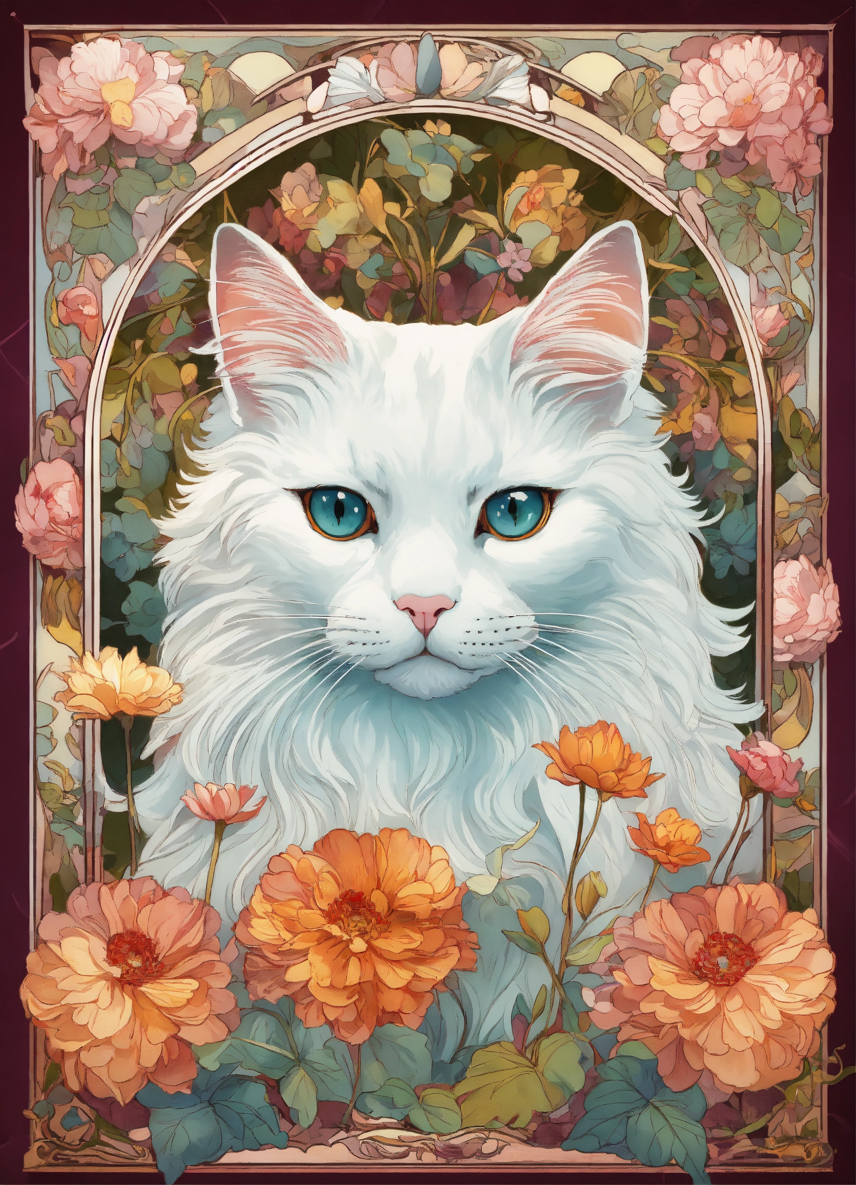 Lexica - Art nouveau overwhelmingly beautiful fluffy white cat framed ...