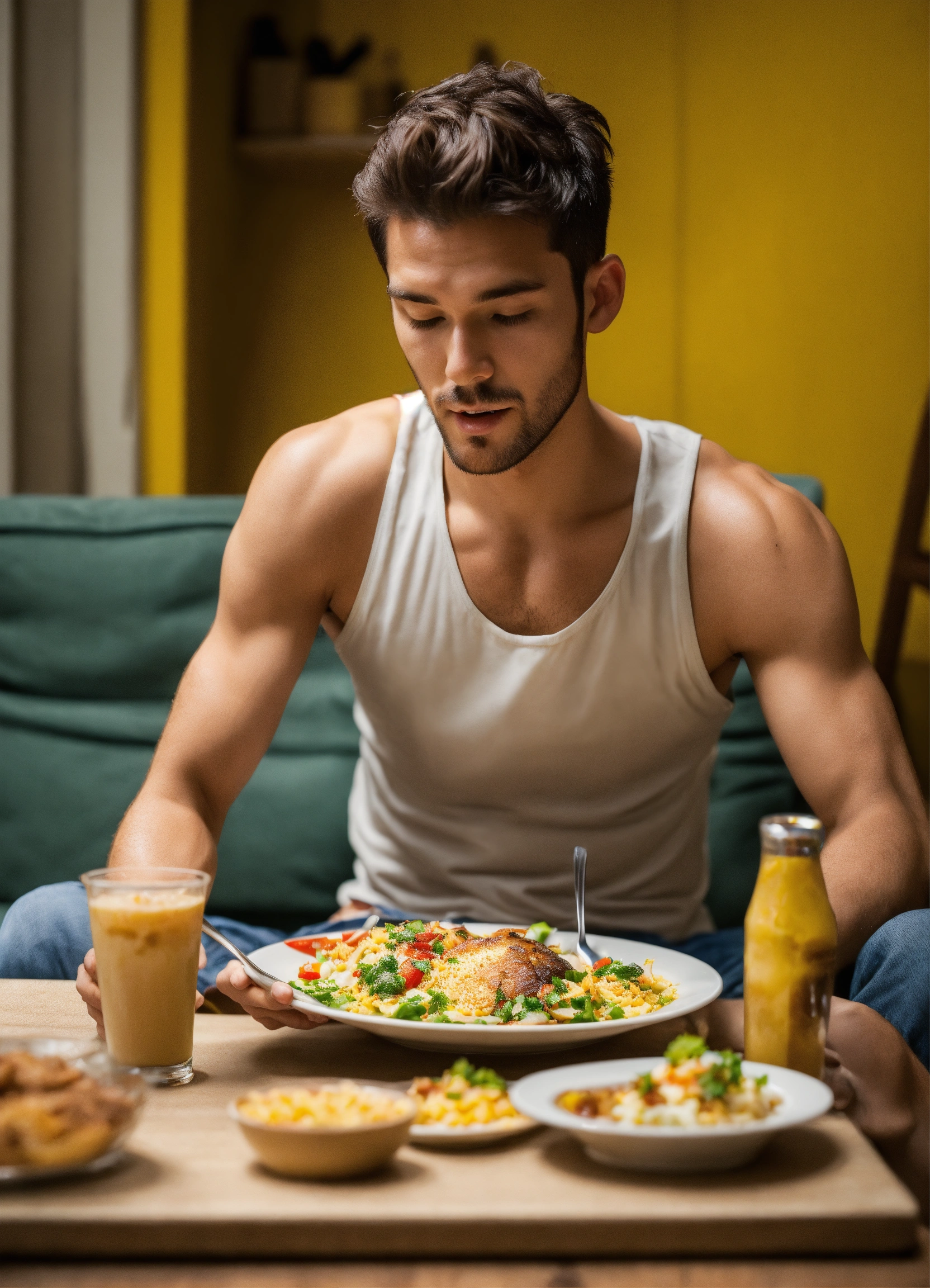 Lexica - A skinny man overindulging in food