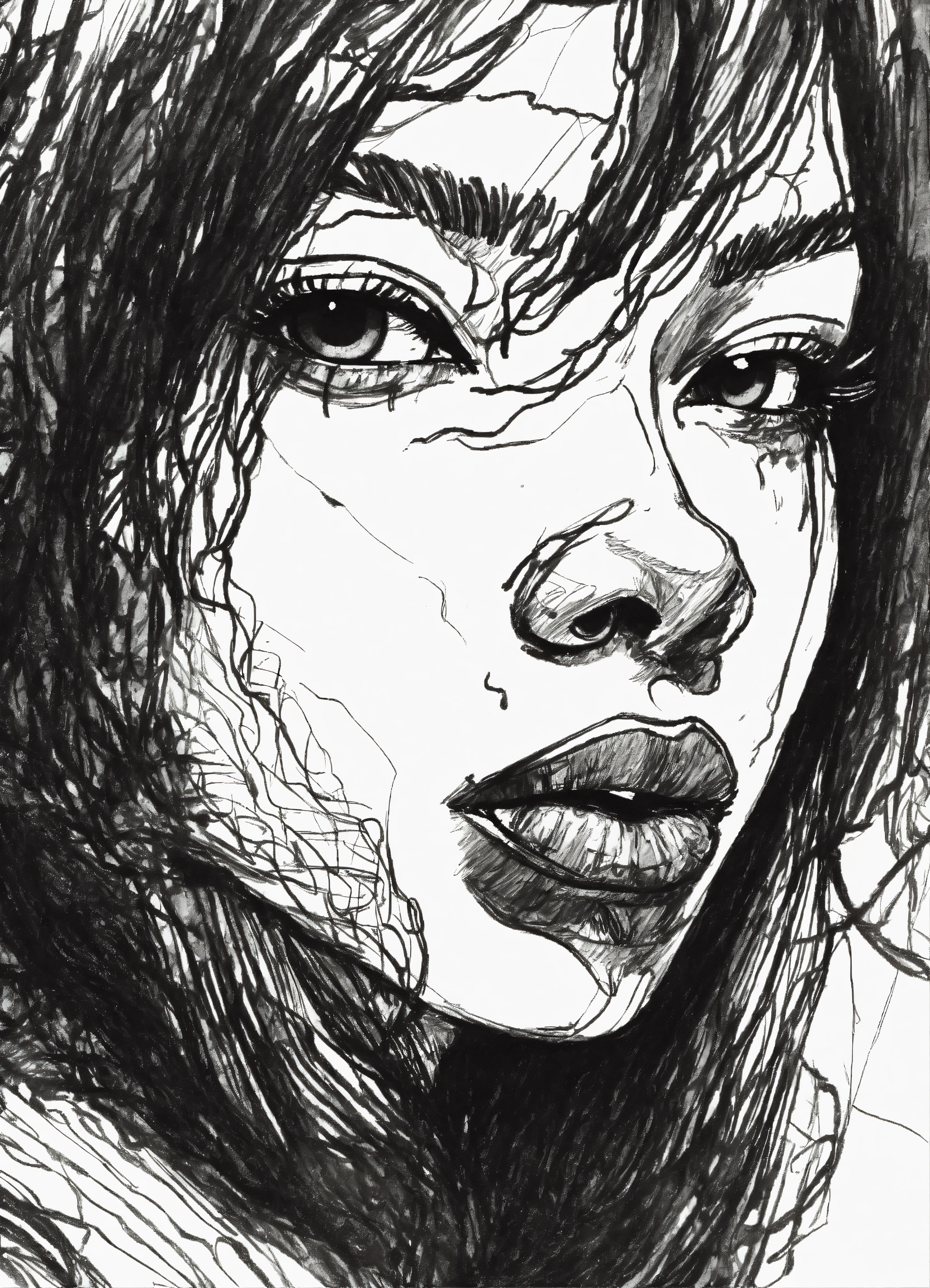 Lexica - African,Scratchy pen strokes, blind contour, fisheye ...