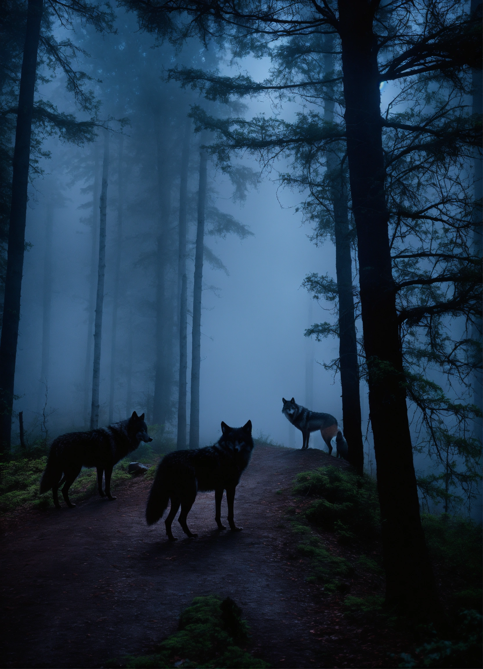 Lexica - A wolf pack in a black forest, night, dark, misty, fog, spooky ...