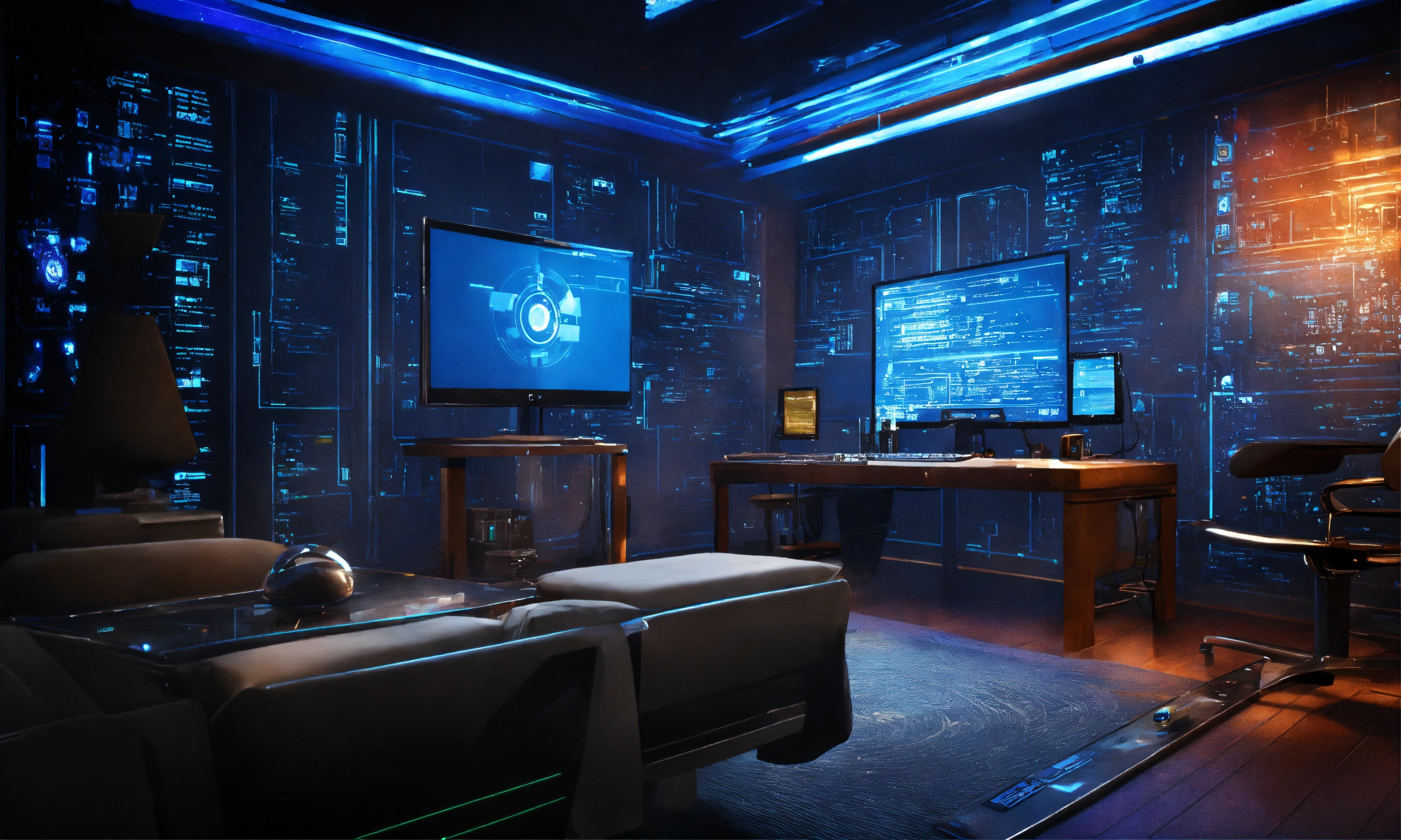 Lexica - Blue wallpaper 4 hackers in futuristic room hacking epic wallpaper