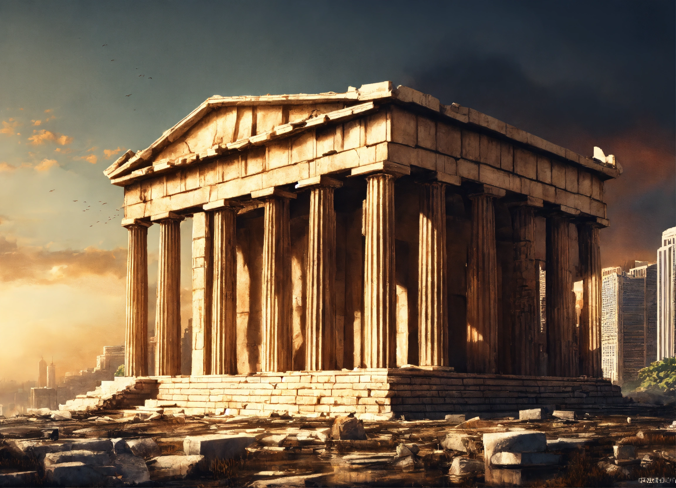 Lexica - Greek temple in ruin in the middle of a skyscrapers, realistic ...