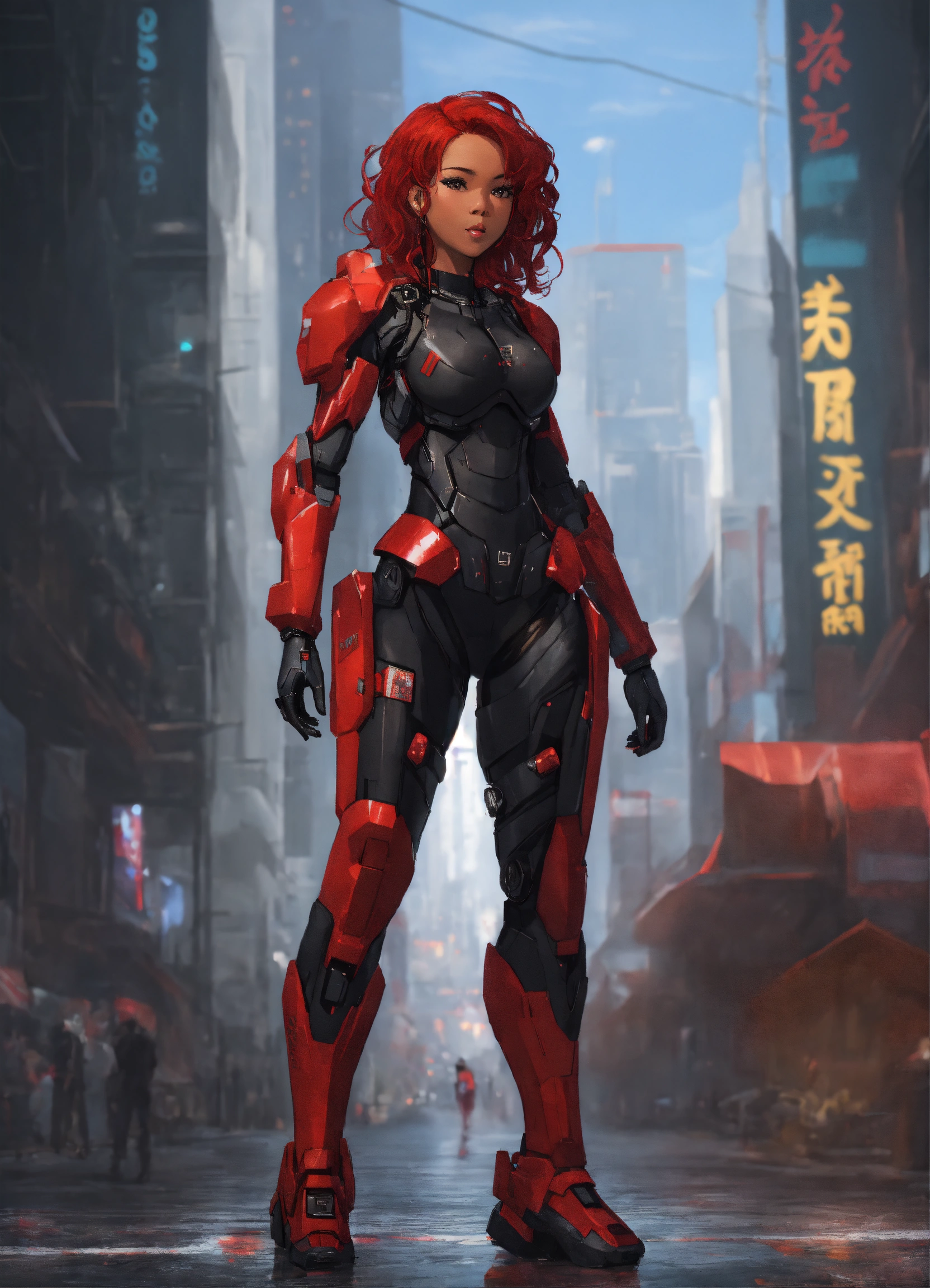 Lexica - Full body portrait, black asian woman, red hair, black mecha suit,