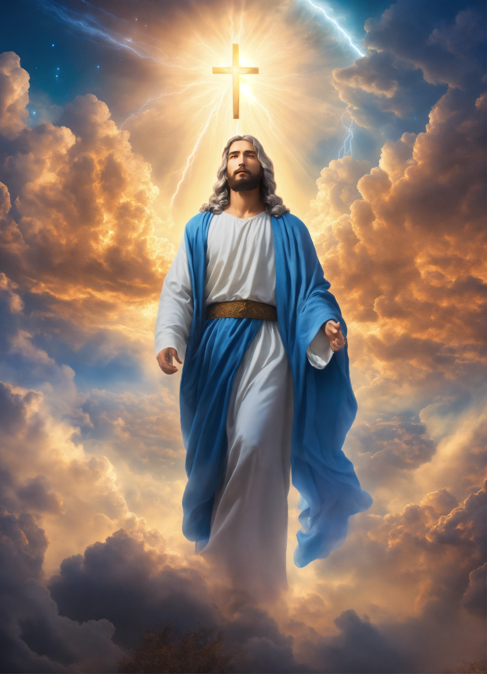 Lexica - A beautiful sky with Jesus descending from the clouds. Planets ...