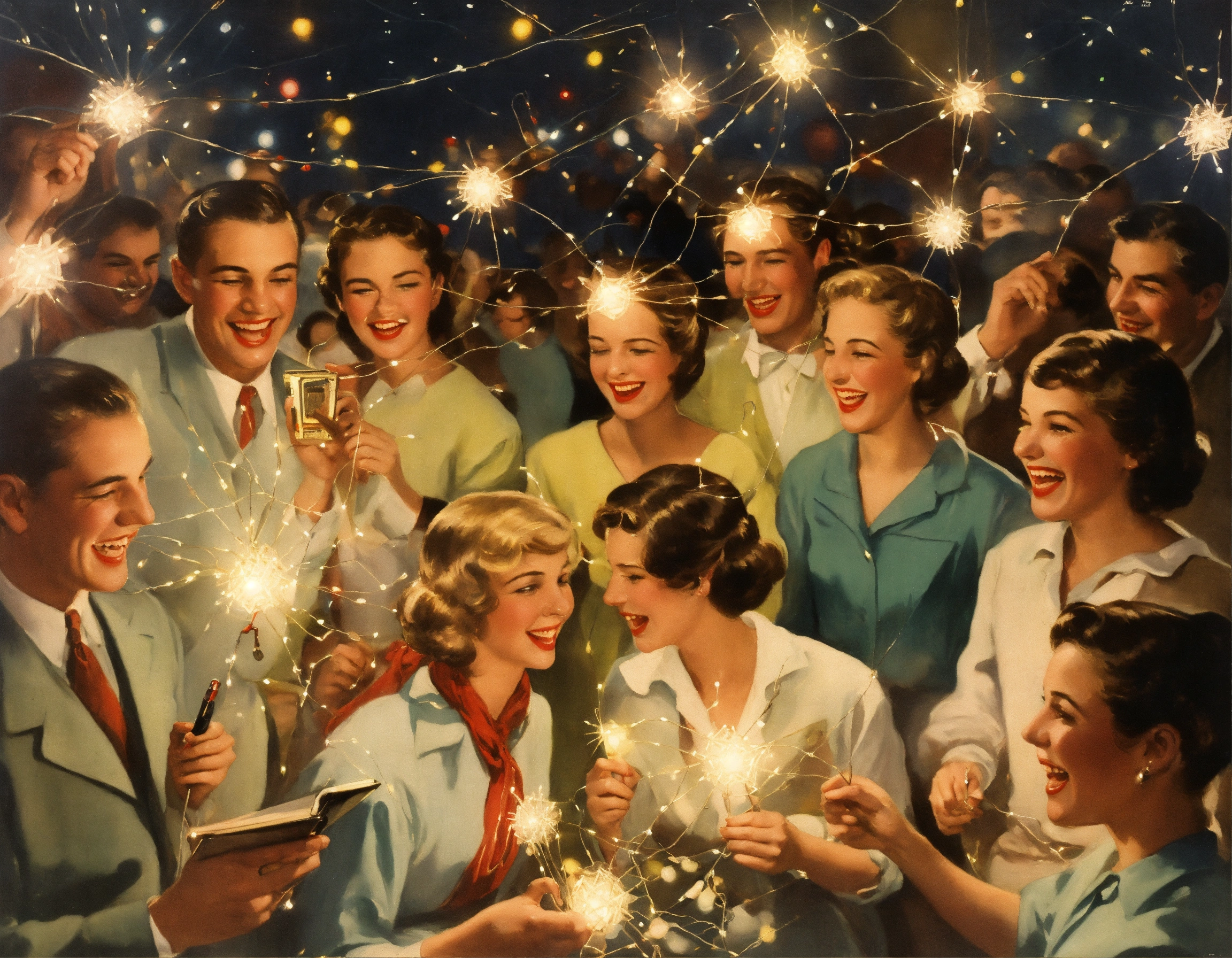 Lexica - Lights in network of string turning on, happy people celebrate ...
