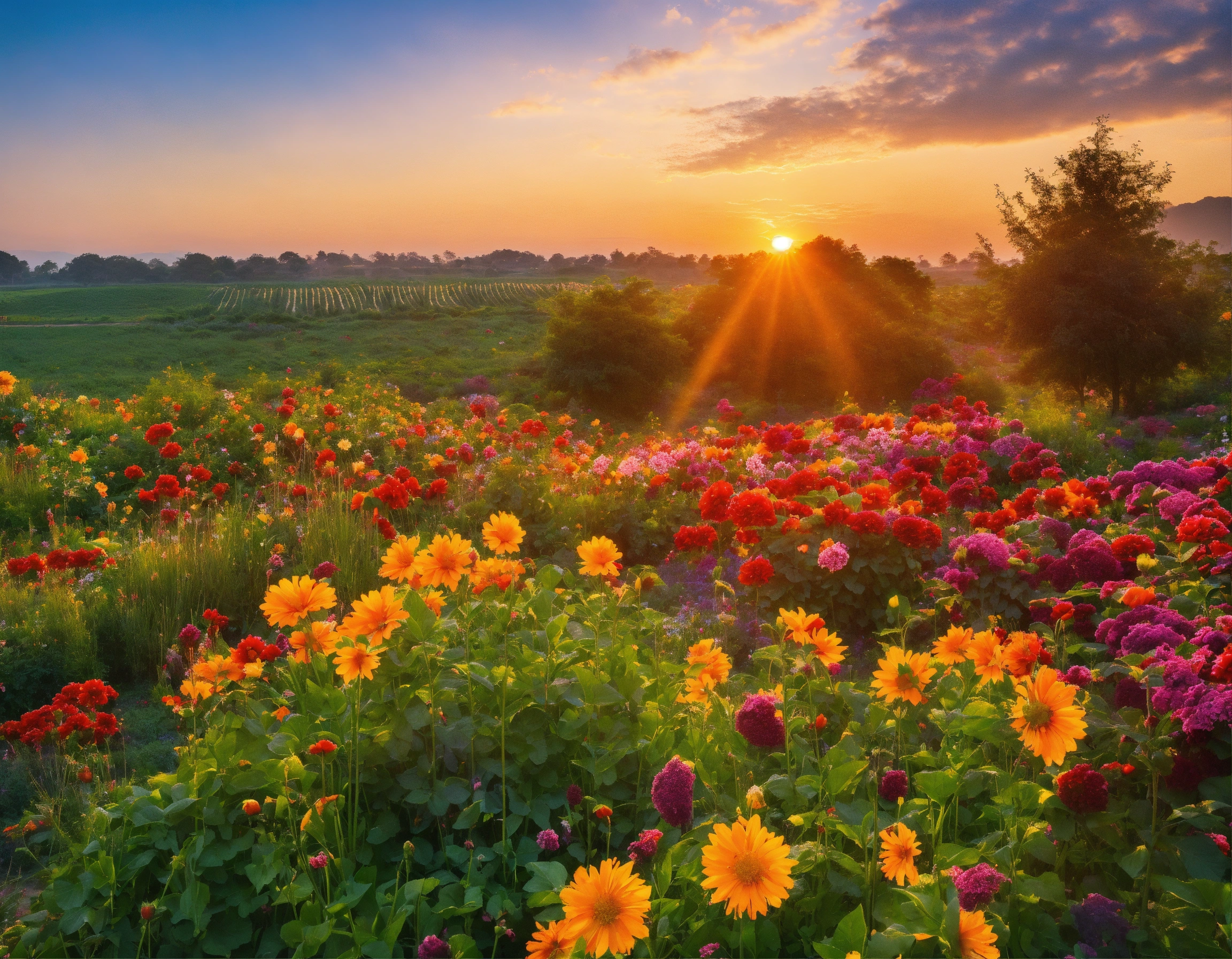 Lexica - Sunset over a heavenly flower garden rich in color with high ...