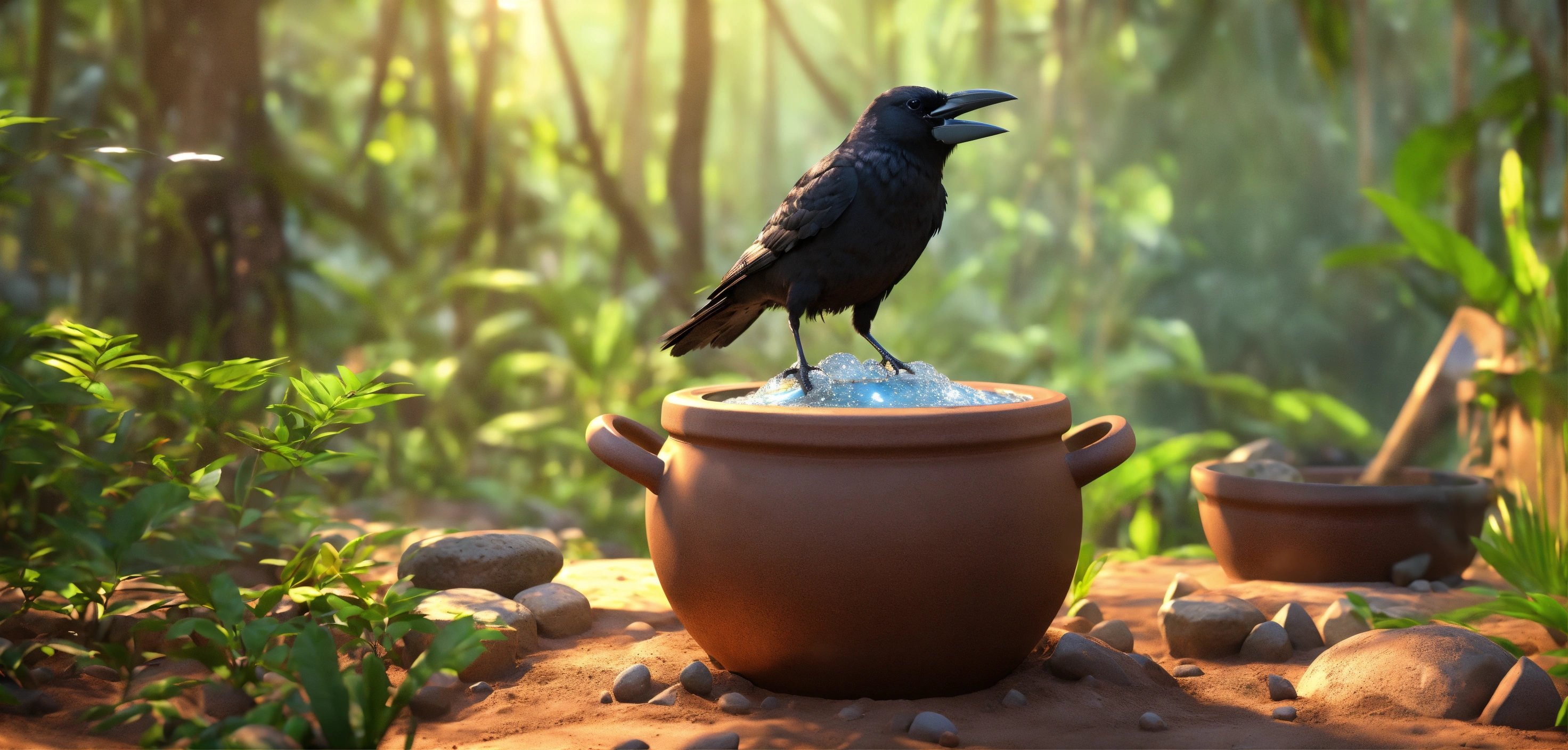 Lexica - 3d animation style crow putting stone in big clay pot fill ...
