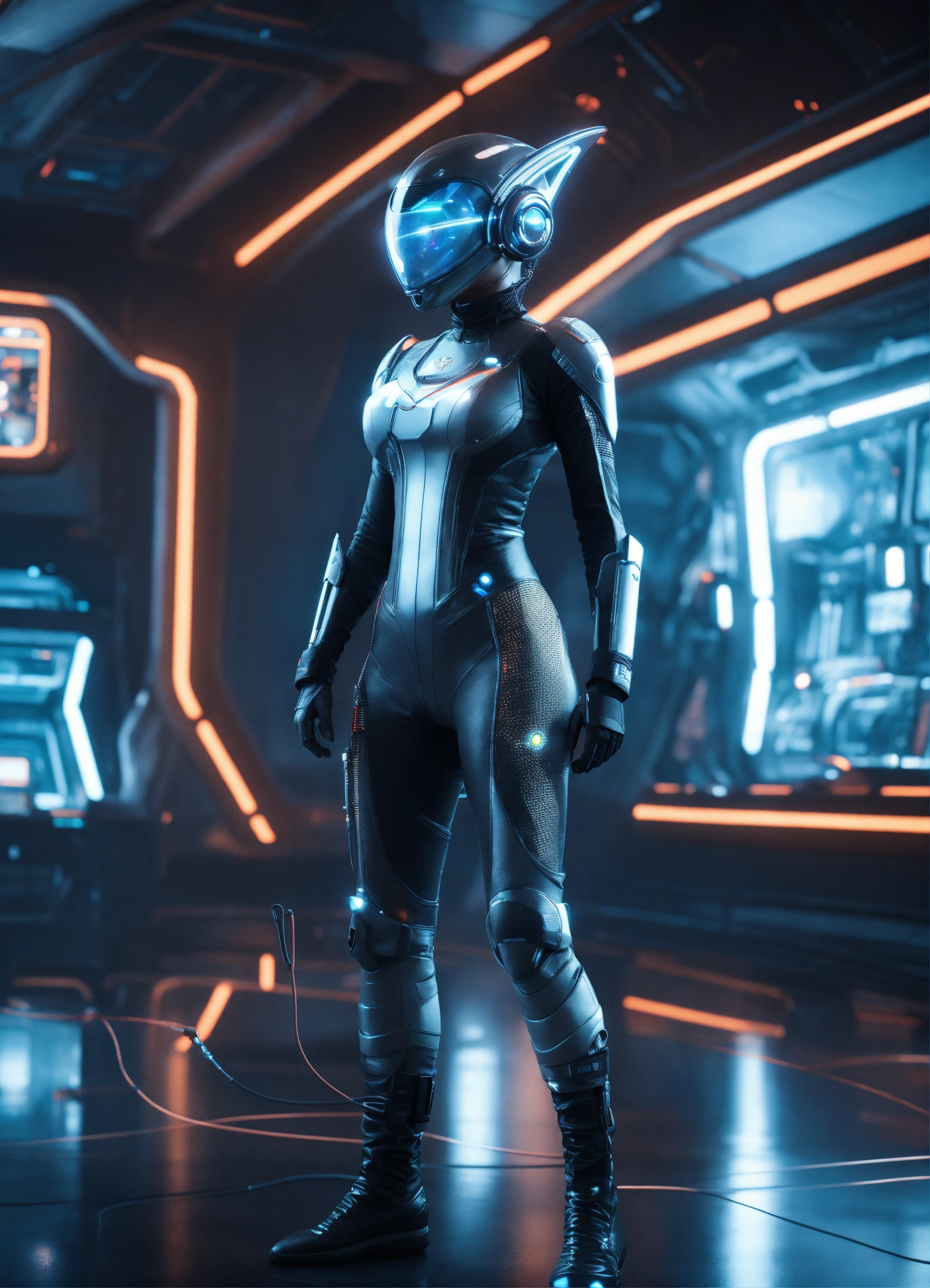 Lexica - Wide shot of a female super spy wearing a tight futuristic spy ...