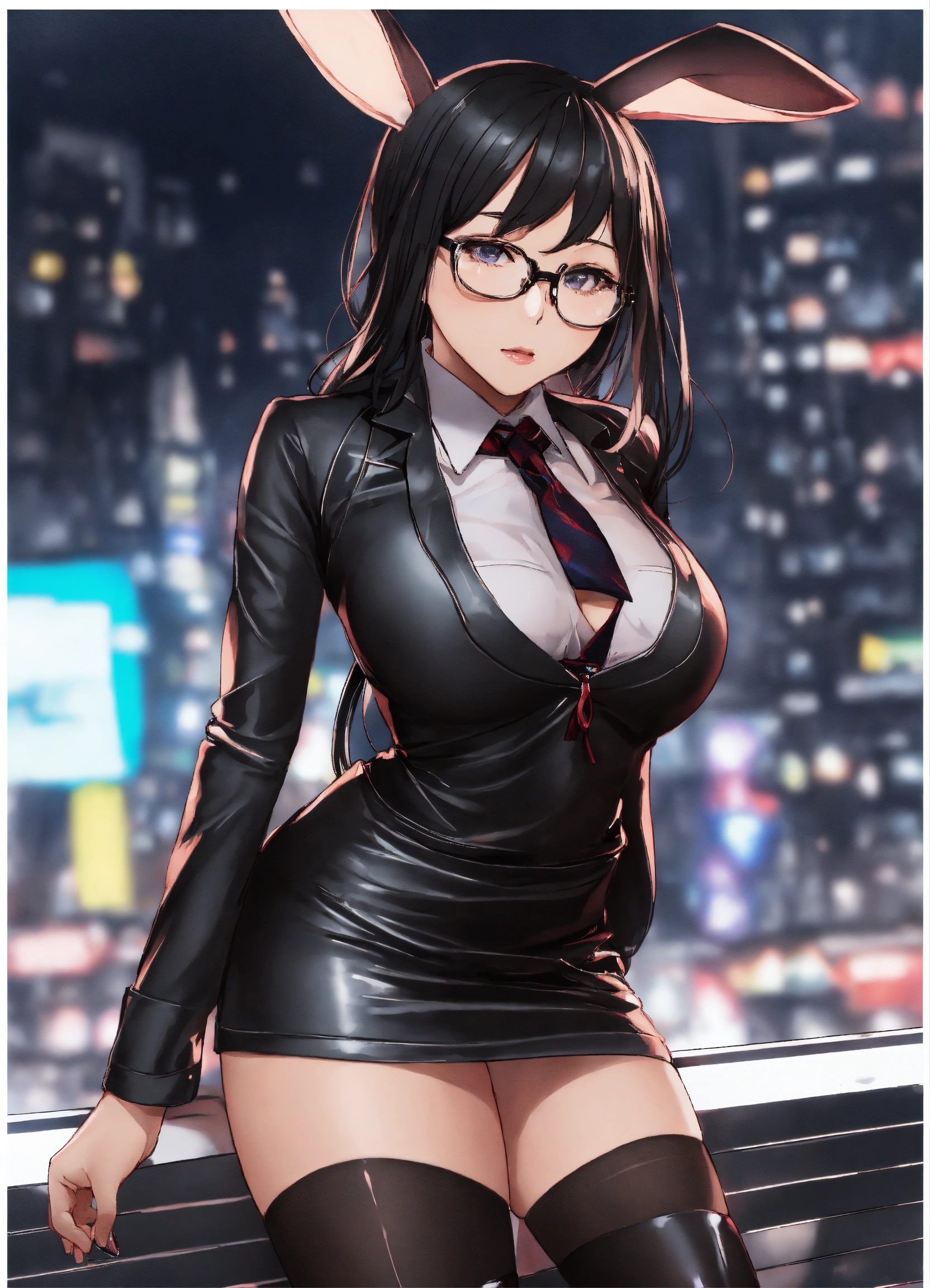 Lexica - Thigh highs socks black, aya nakamura with glasses in latex skin, point of view, no ...