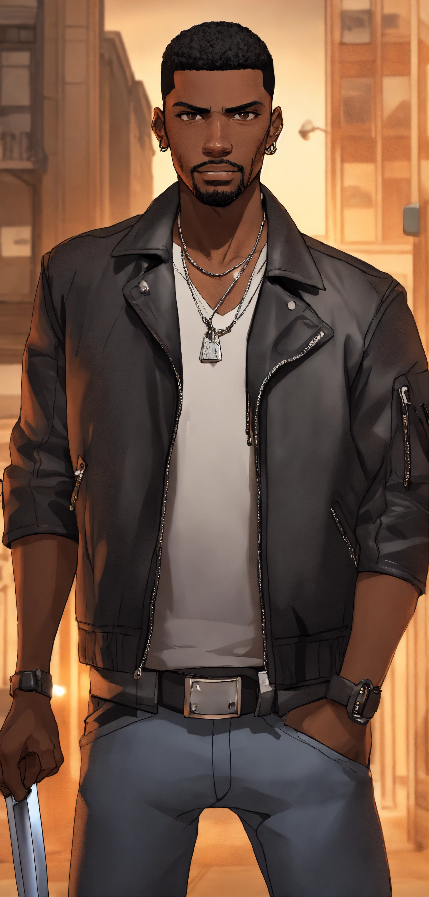 Lexica - Tall black male, gray leather jacket, brown eyes, short black ...