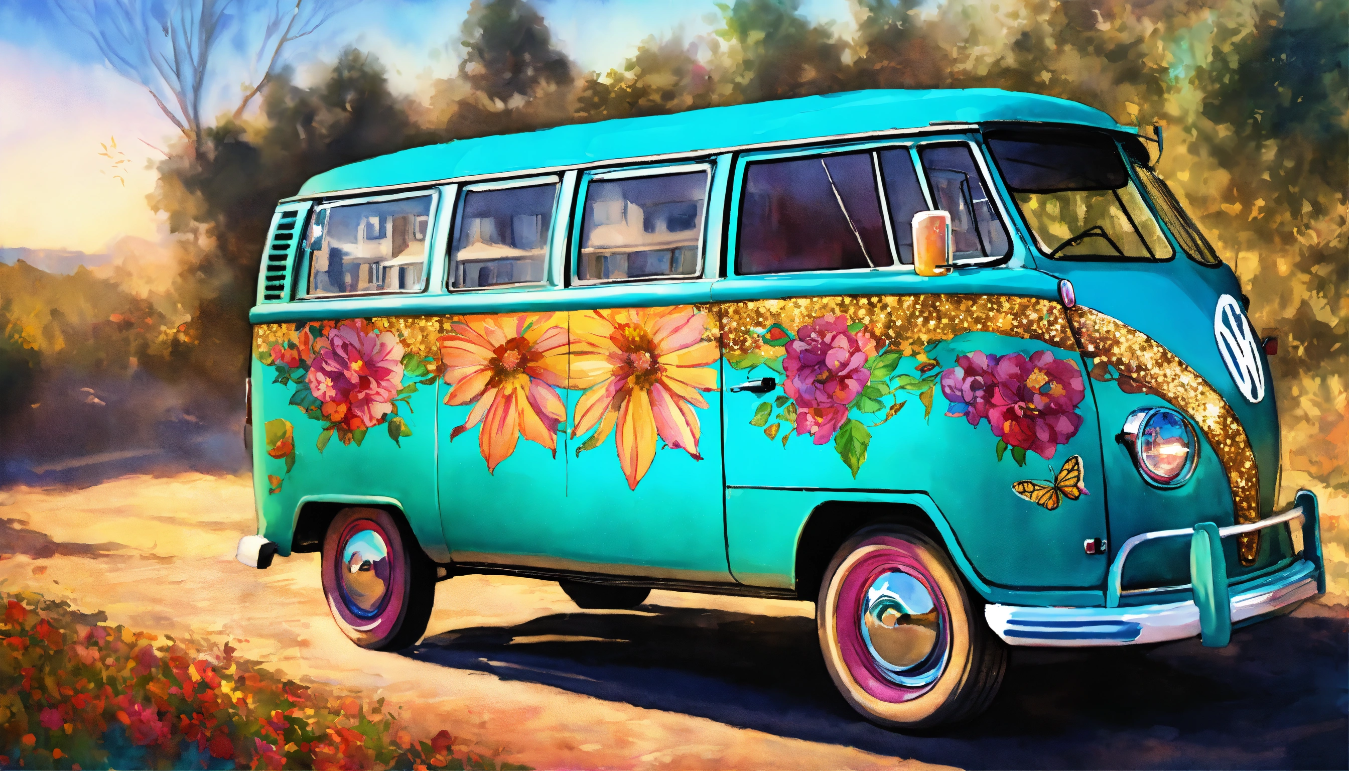 Lexica - Concept art of hyper realistic turquoise Volkswagen bus, paint ...