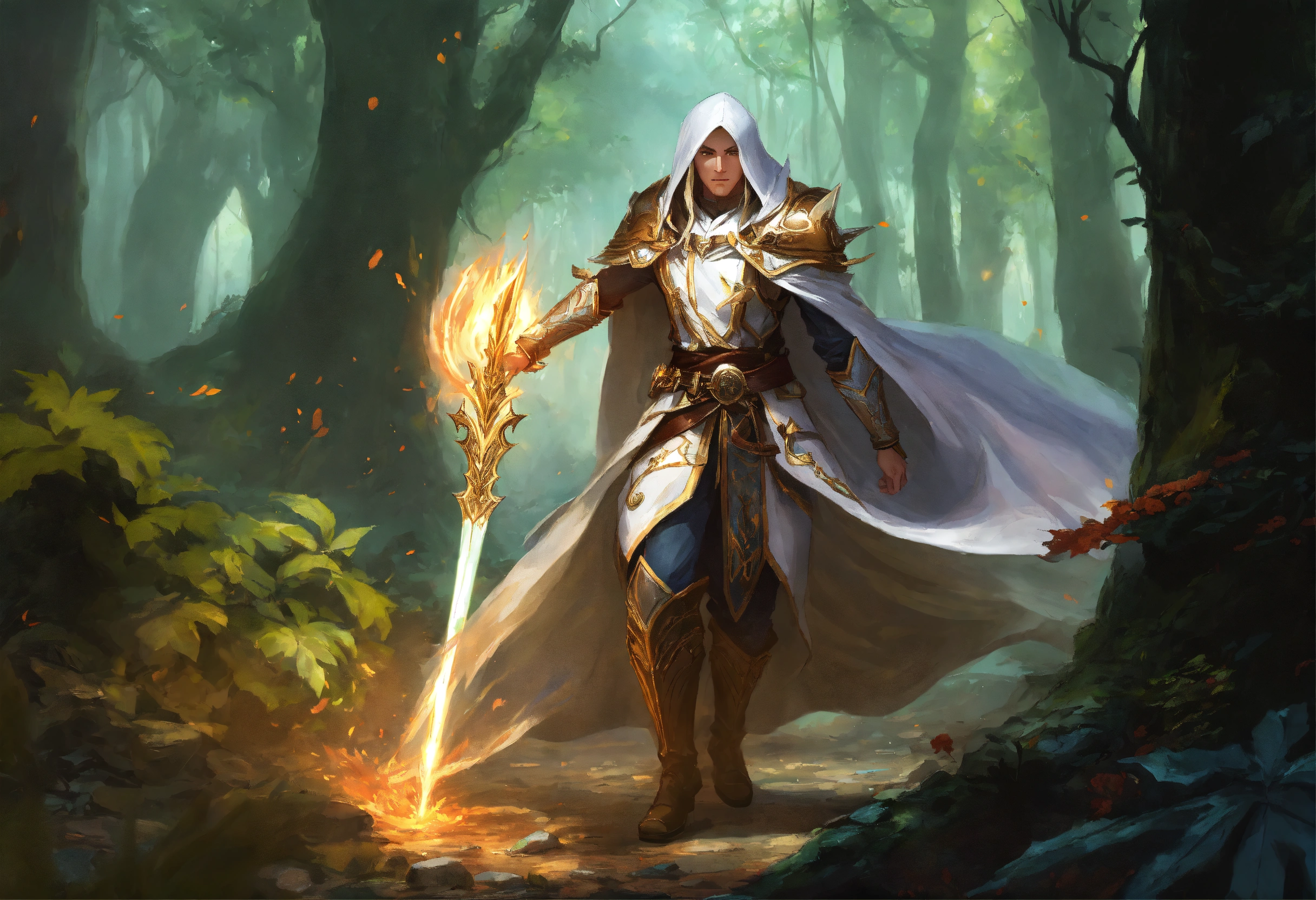 Lexica - High elf wizard, white cloak, leather, dense forest, fighting ...