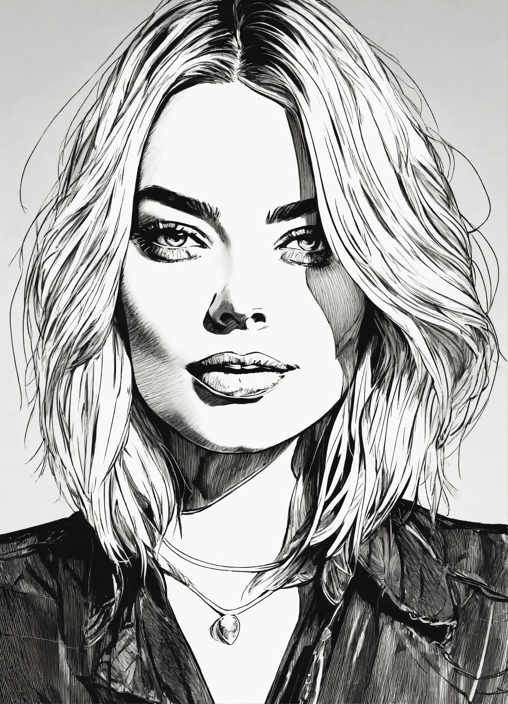 Lexica - Black and white bold line drawing, Margot robbie, glamorous ...