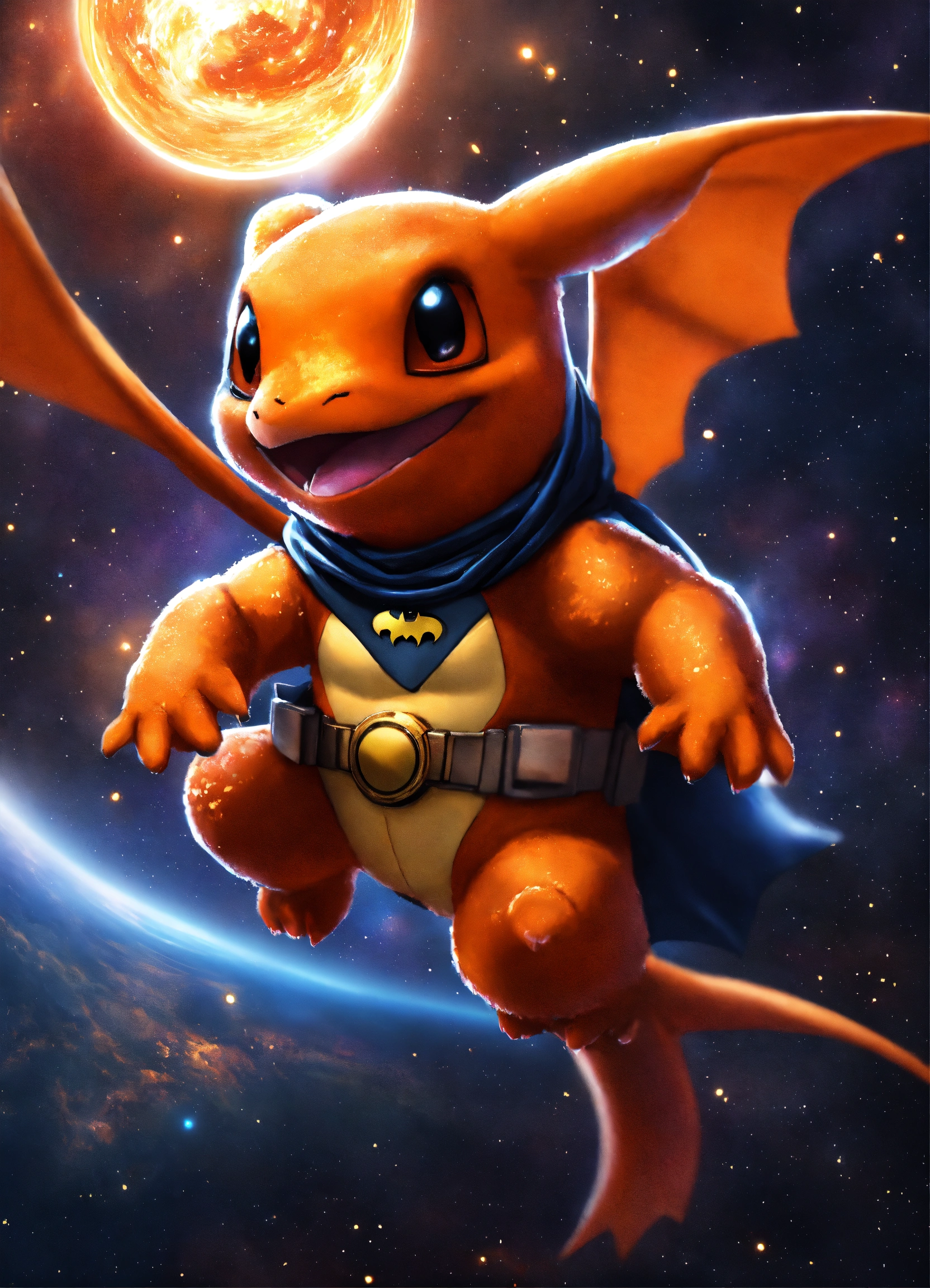 Lexica - A realistic Charmander flying Batman in space.