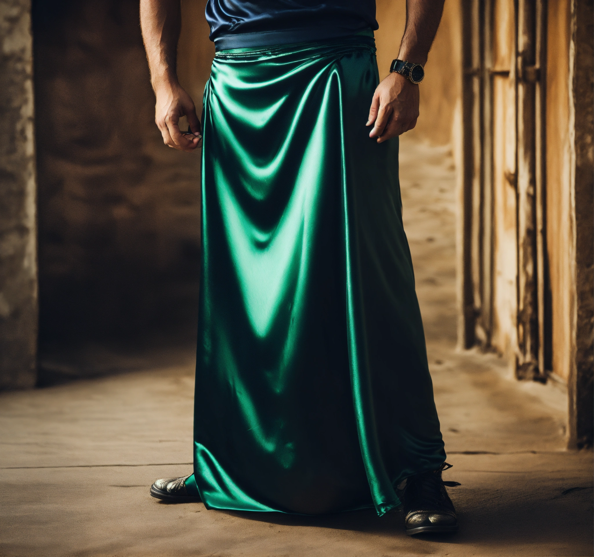 Lexica - Man wearing Satin shiny figure-hugging clingy pencil maxi ...