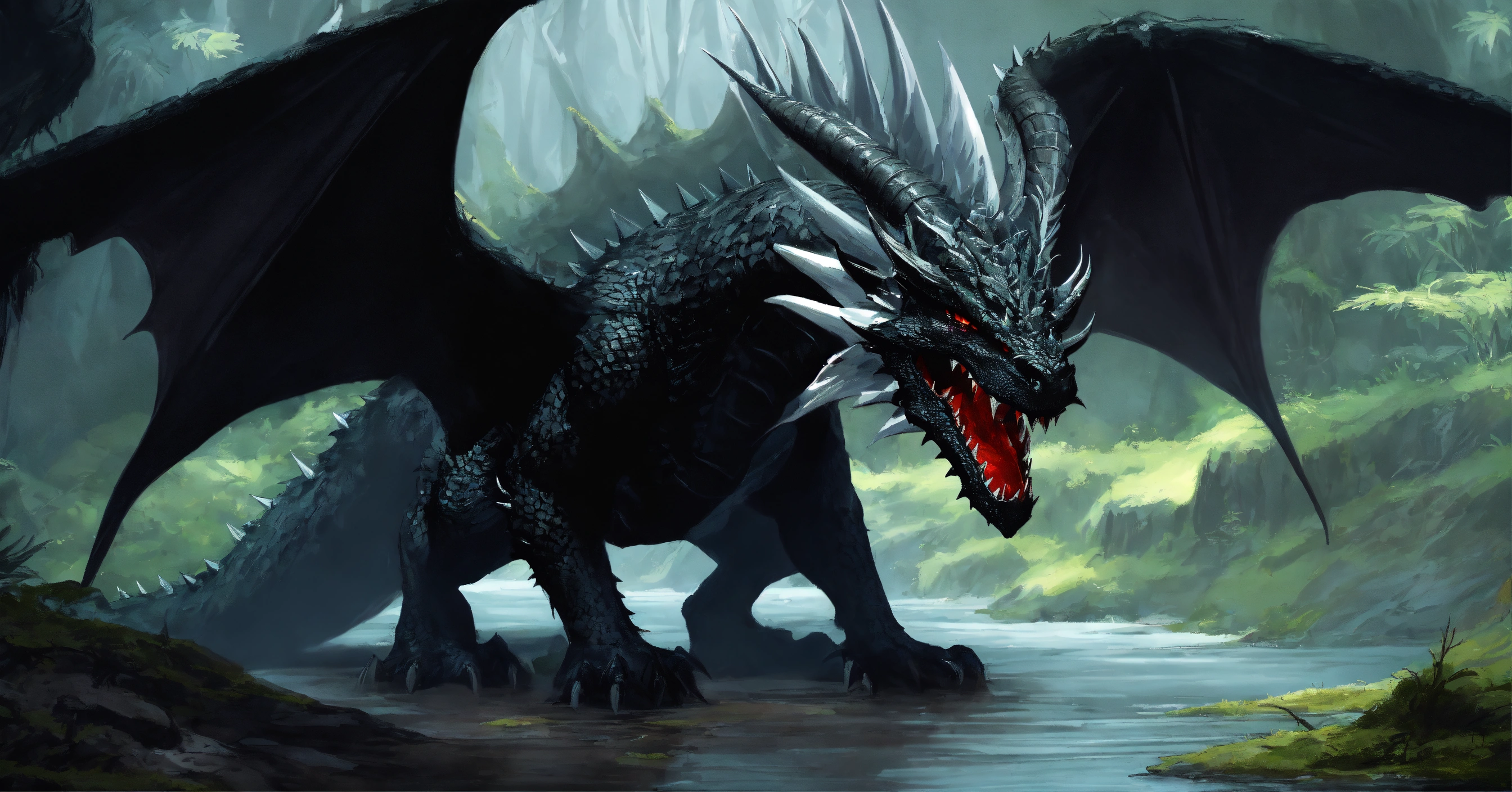 Lexica - Fine art, delicate detail, menacing, Dungeons and Dragons black dragon. Hiding in a ...