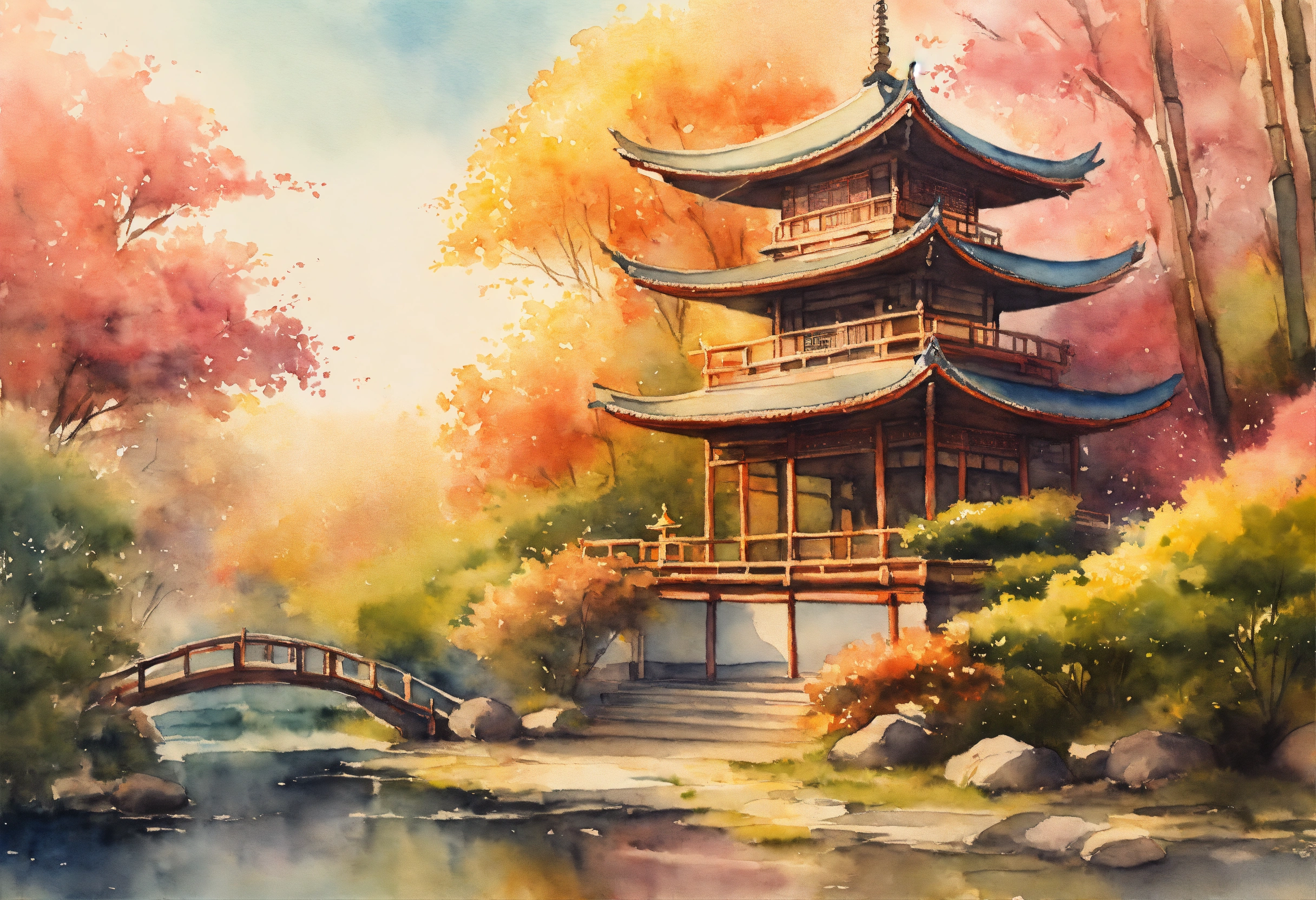 Lexica - Watercolour painting, pagoda, pastel colours, warm light ...