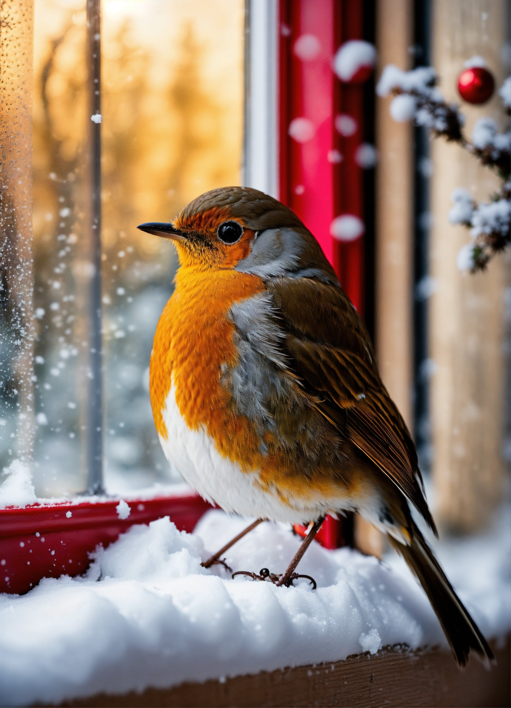 Lexica - A snow covered window with a robin sitting on the window cill ...