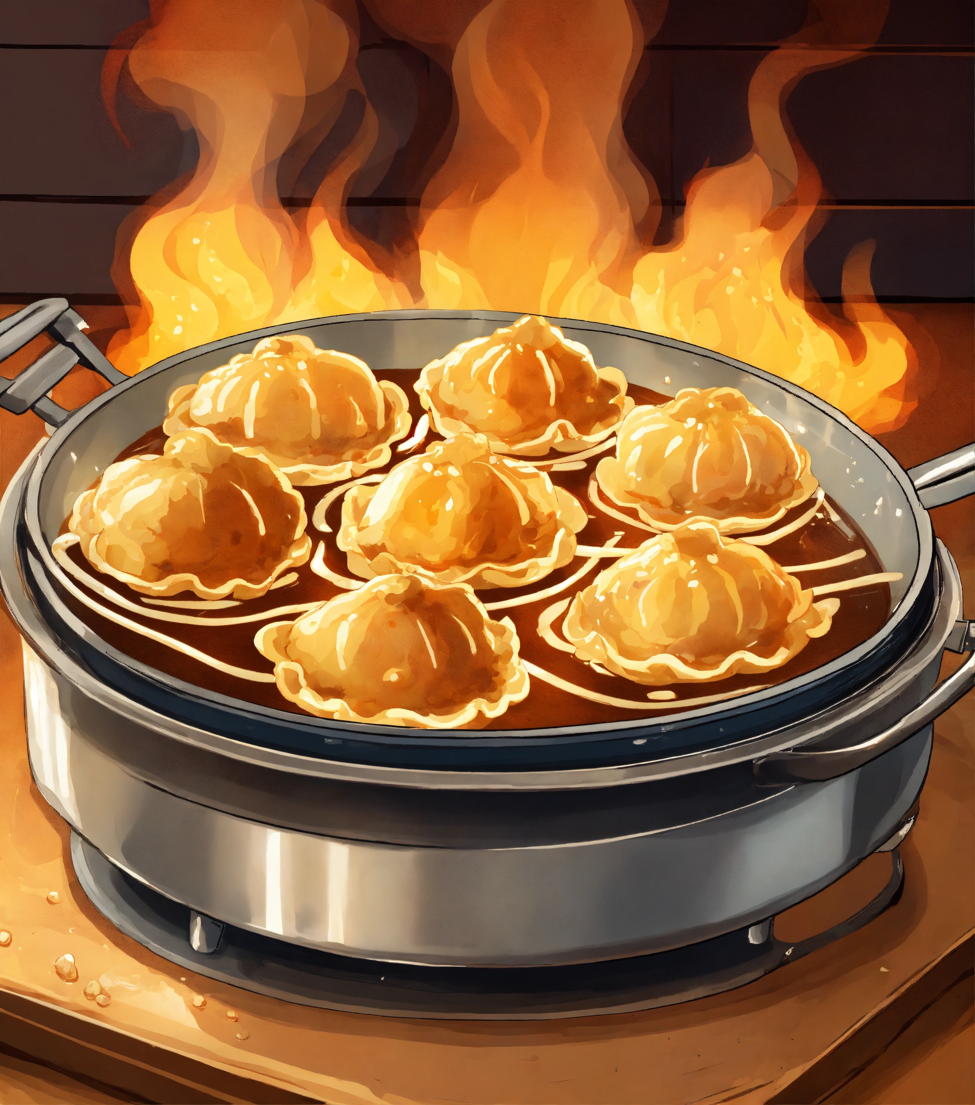 Lexica - A very funny cartoon illustration of Fried dumplings sizzling ...