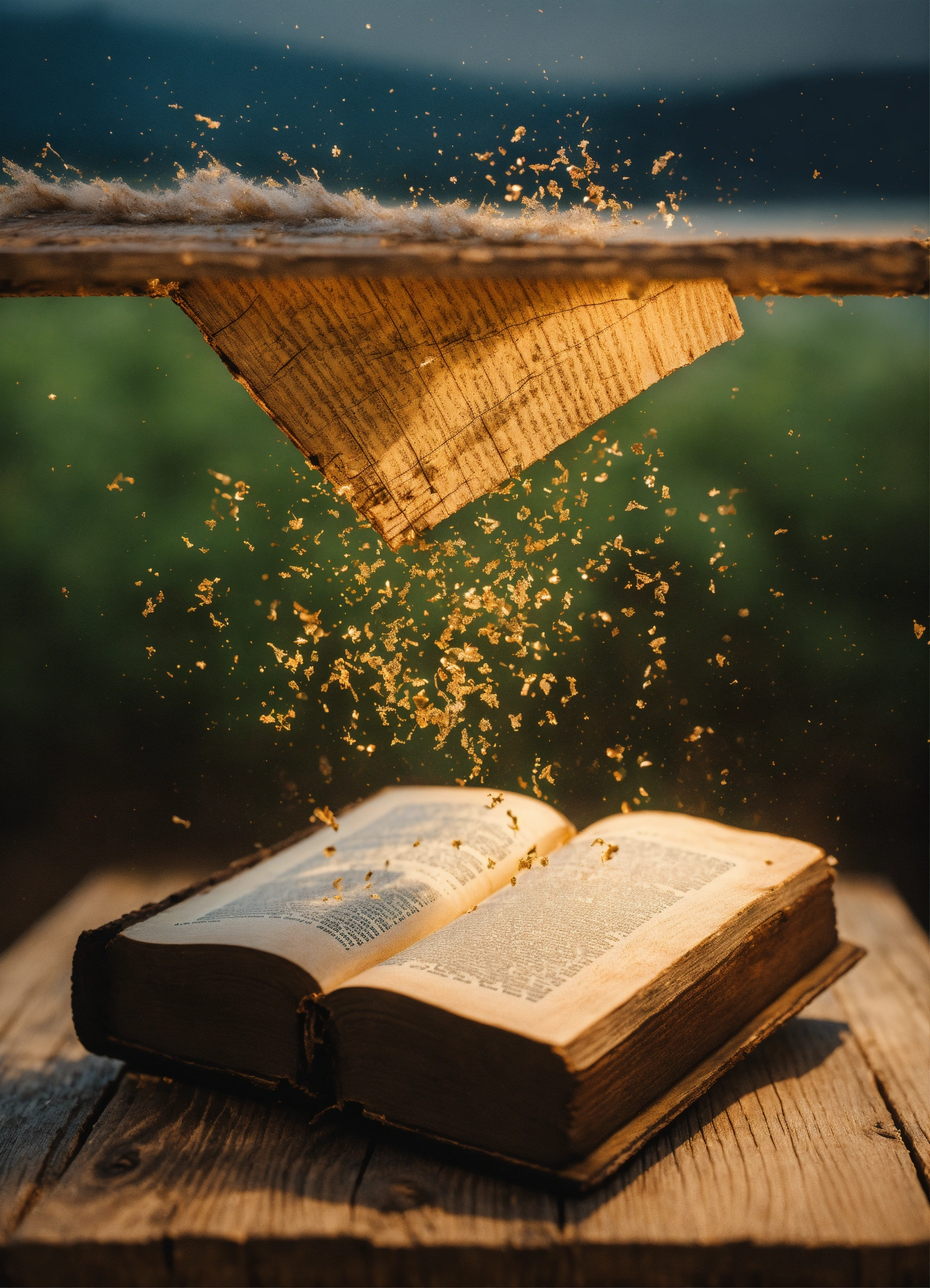 Lexica - A Bible made of wood floating in the air