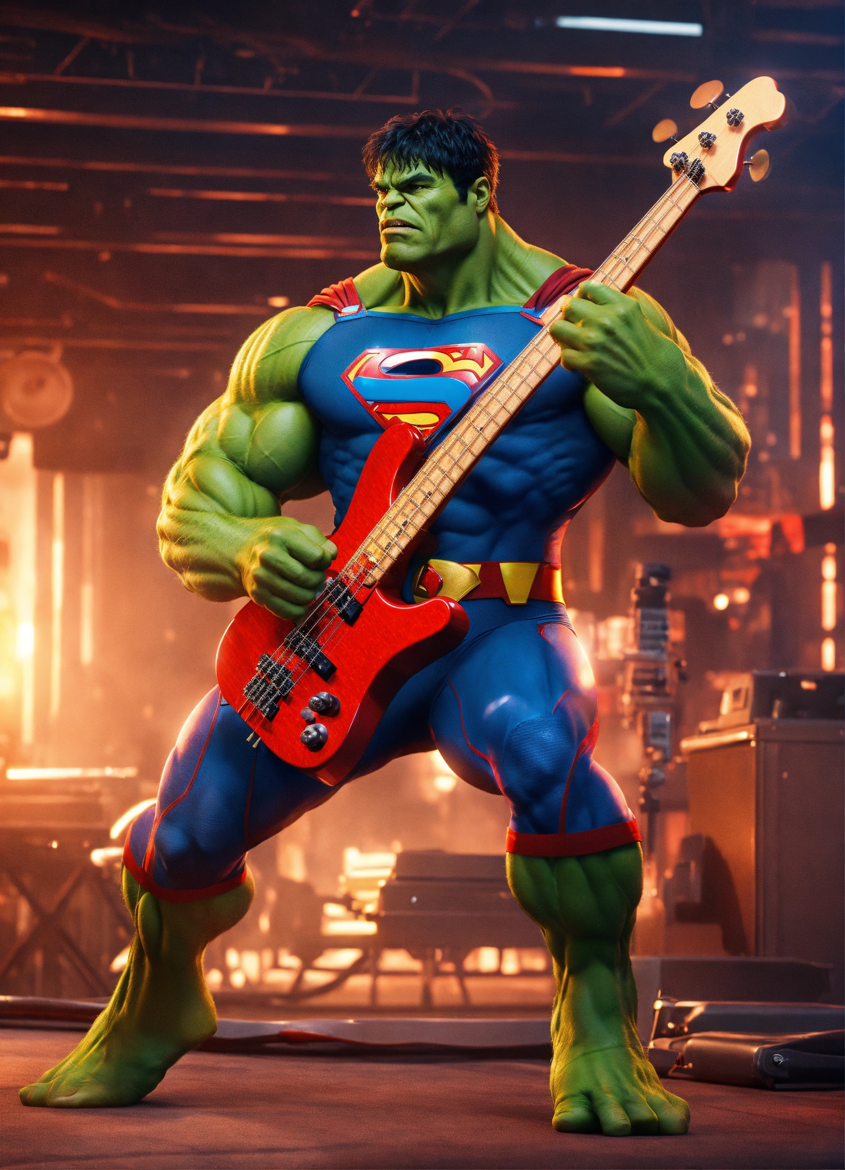 Lexica - Hulk in superman uniform playing a bass gutar, 8k, full body