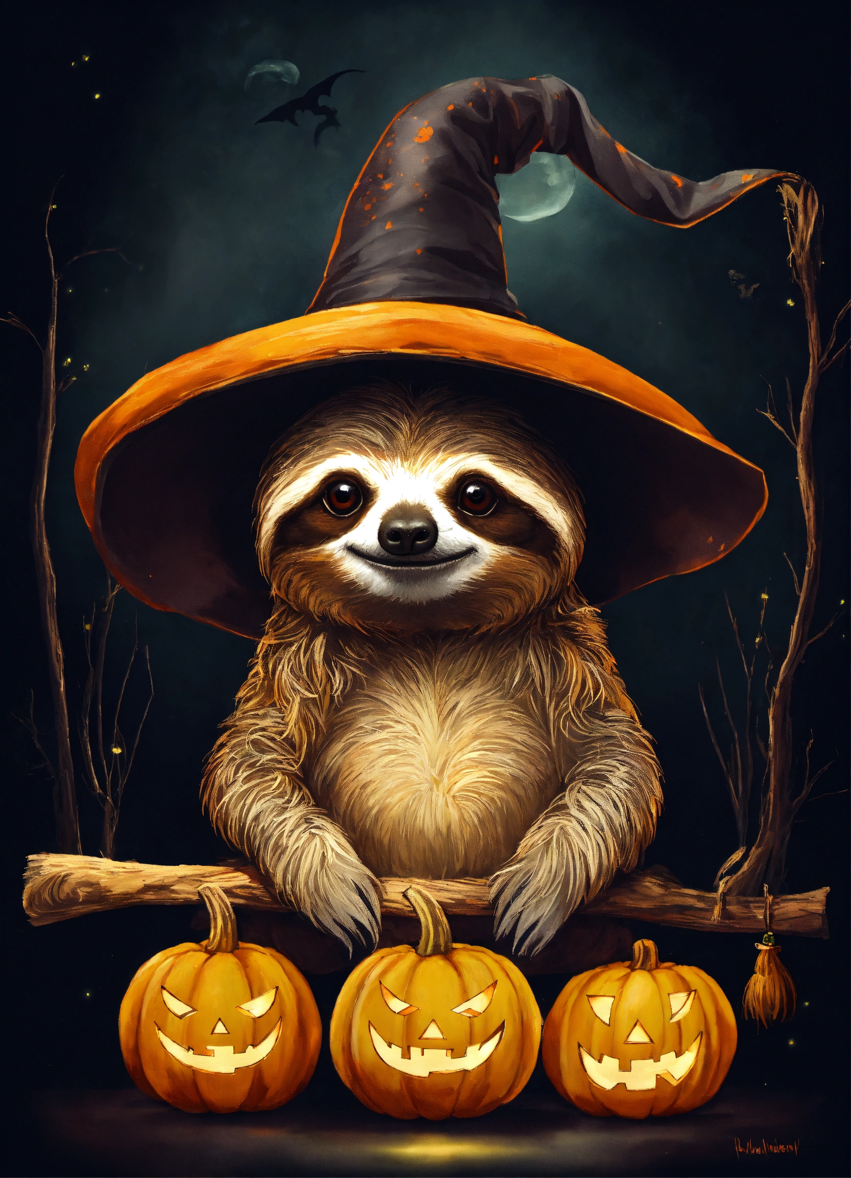 Lexica - Spooky sloth with orange eyes wearing a witches hat, carved ...