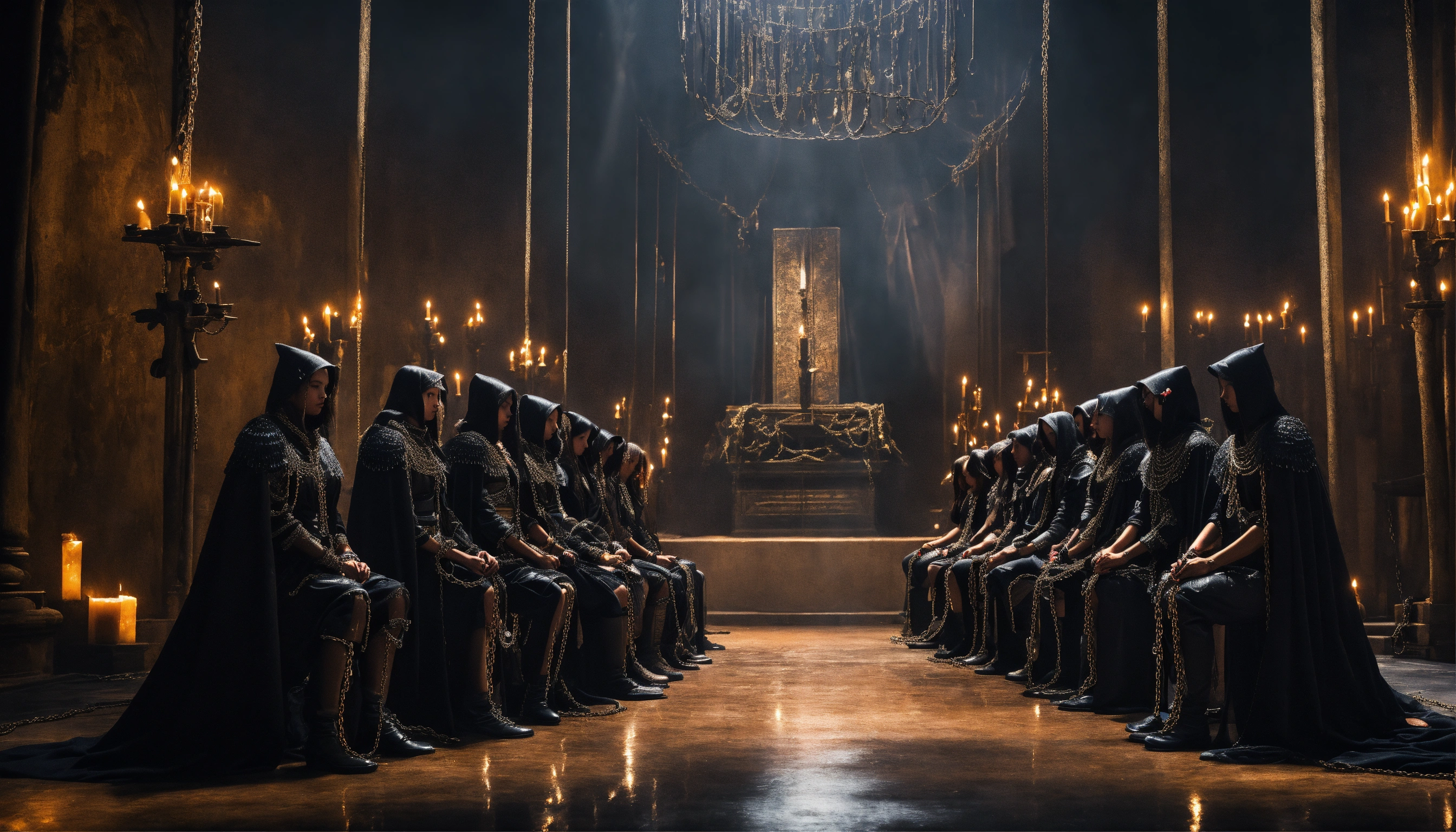 Lexica - 7 dark, fallen angels on their knees, side by side, bound up ...