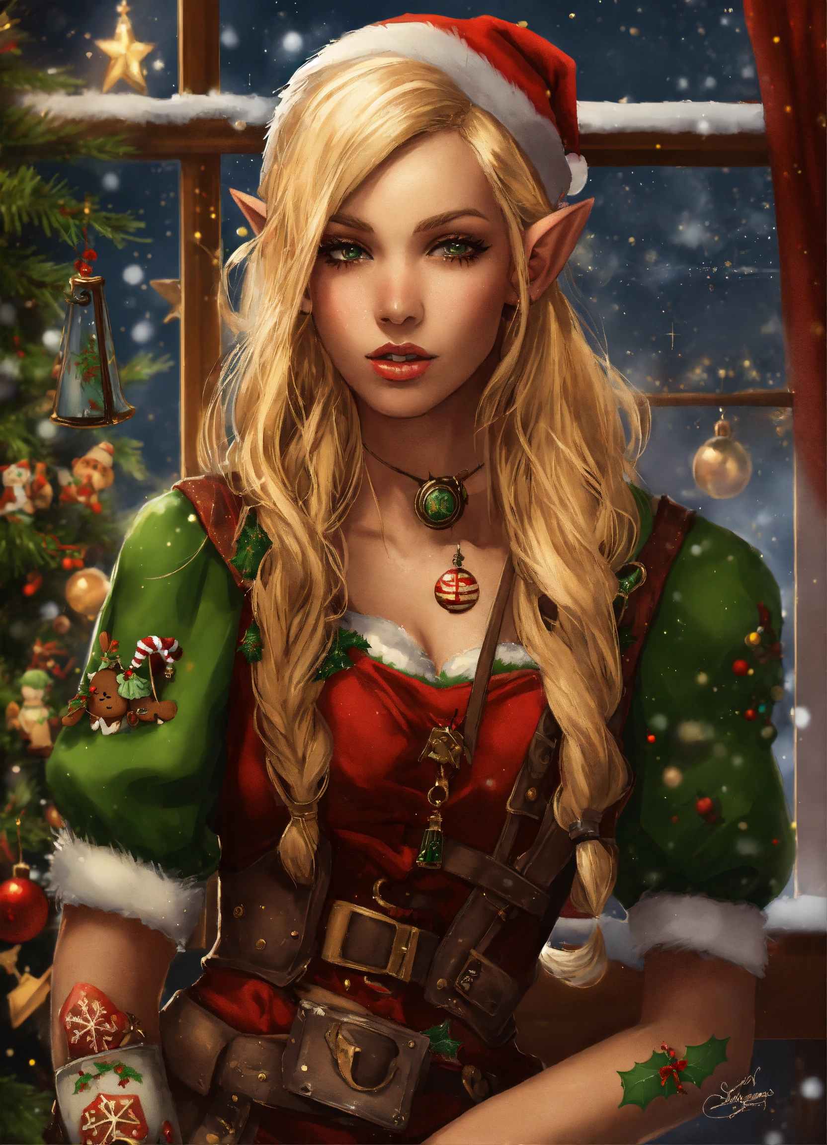 Lexica - Christmas elf, blonde hair, female, pointy ears, tattooed ...