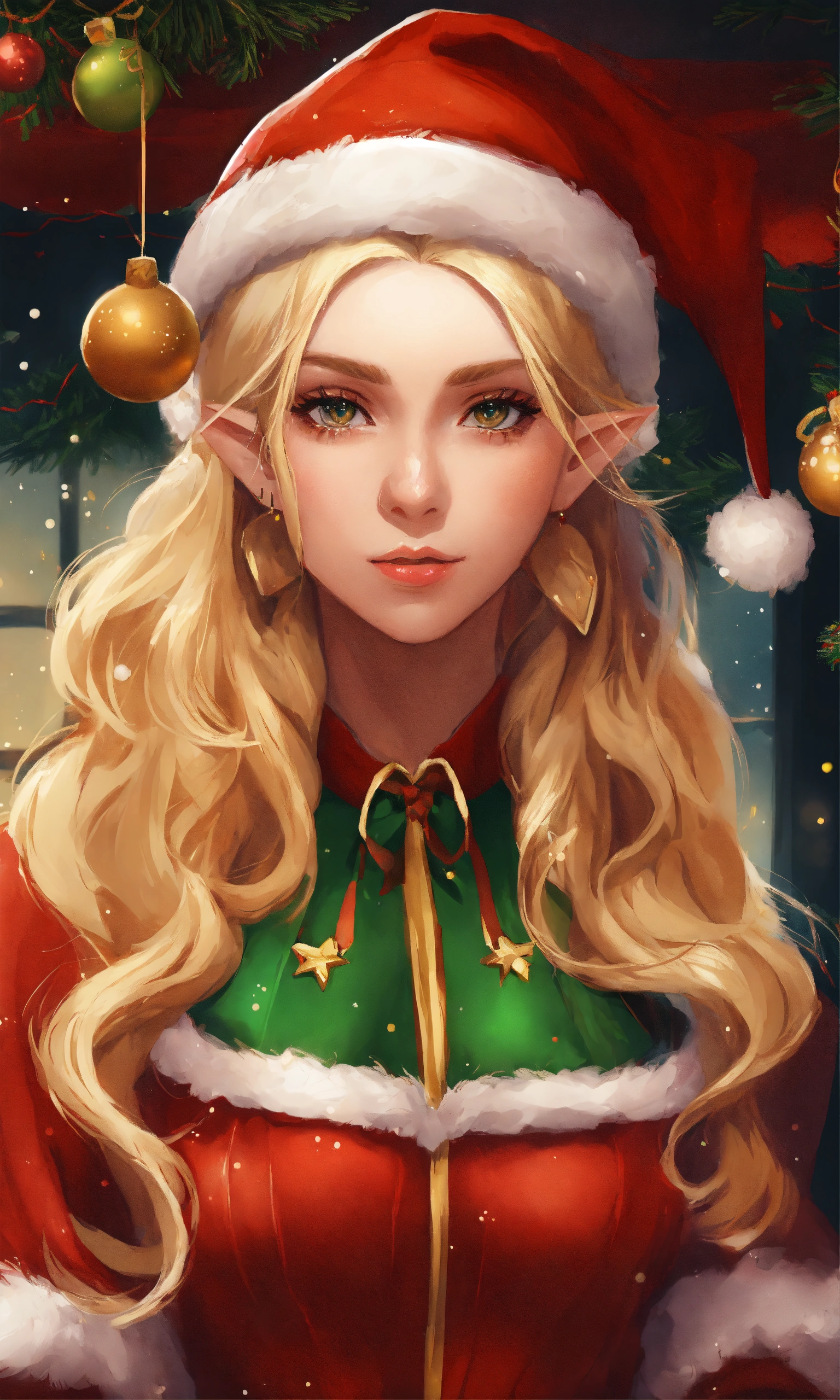 Lexica - Christmas elf, blonde hair, female, pointy ears, painted style ...