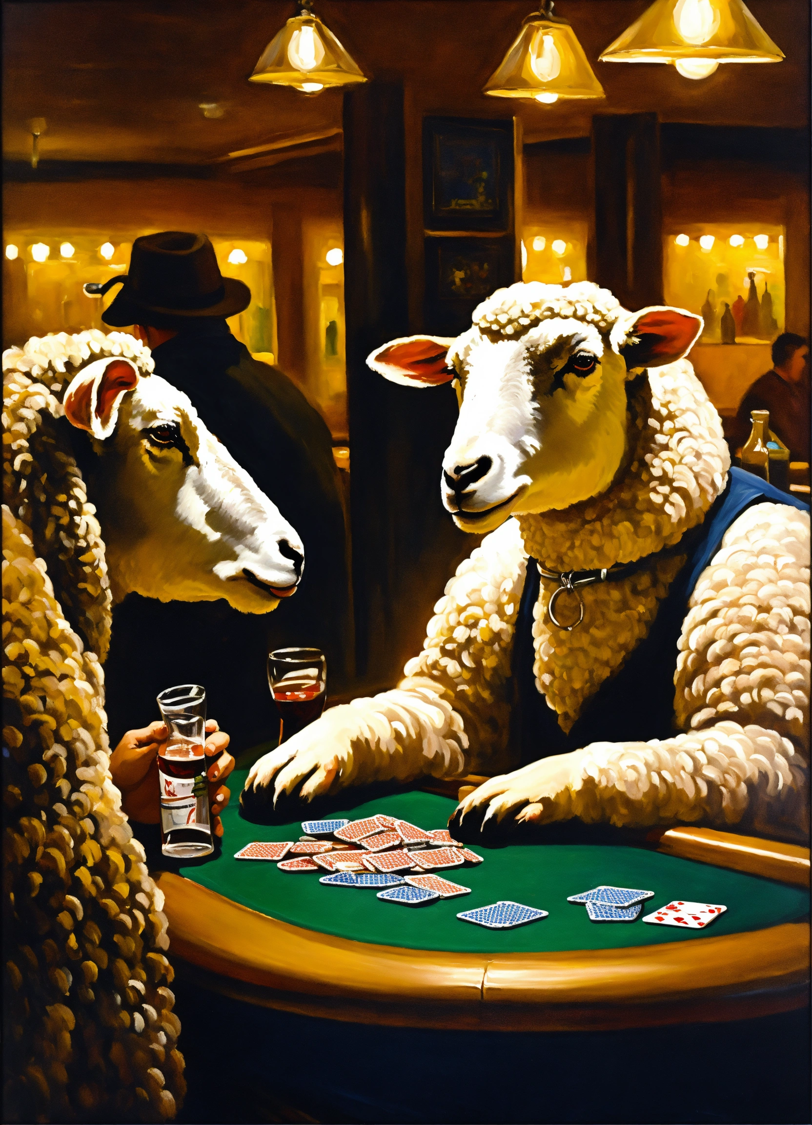 Lexica - Oil painting with some sheep drinking and playing poker, at a ...