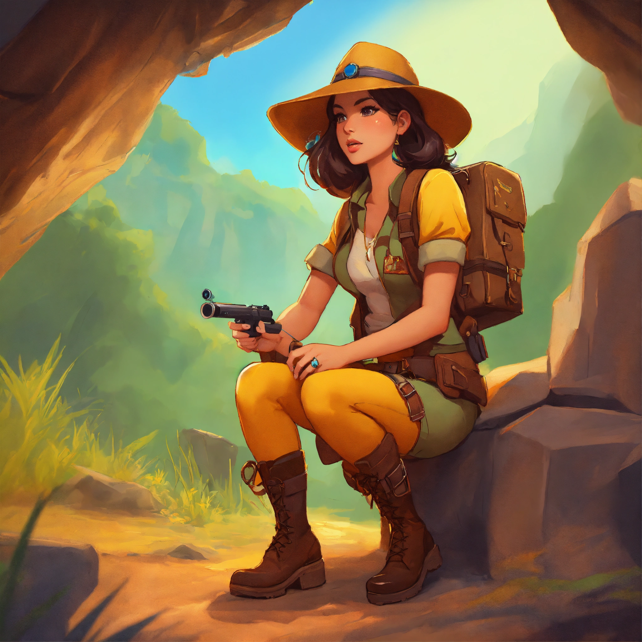 Lexica - Adventure explorer treasure hunter woman, cartoon oil paint ...