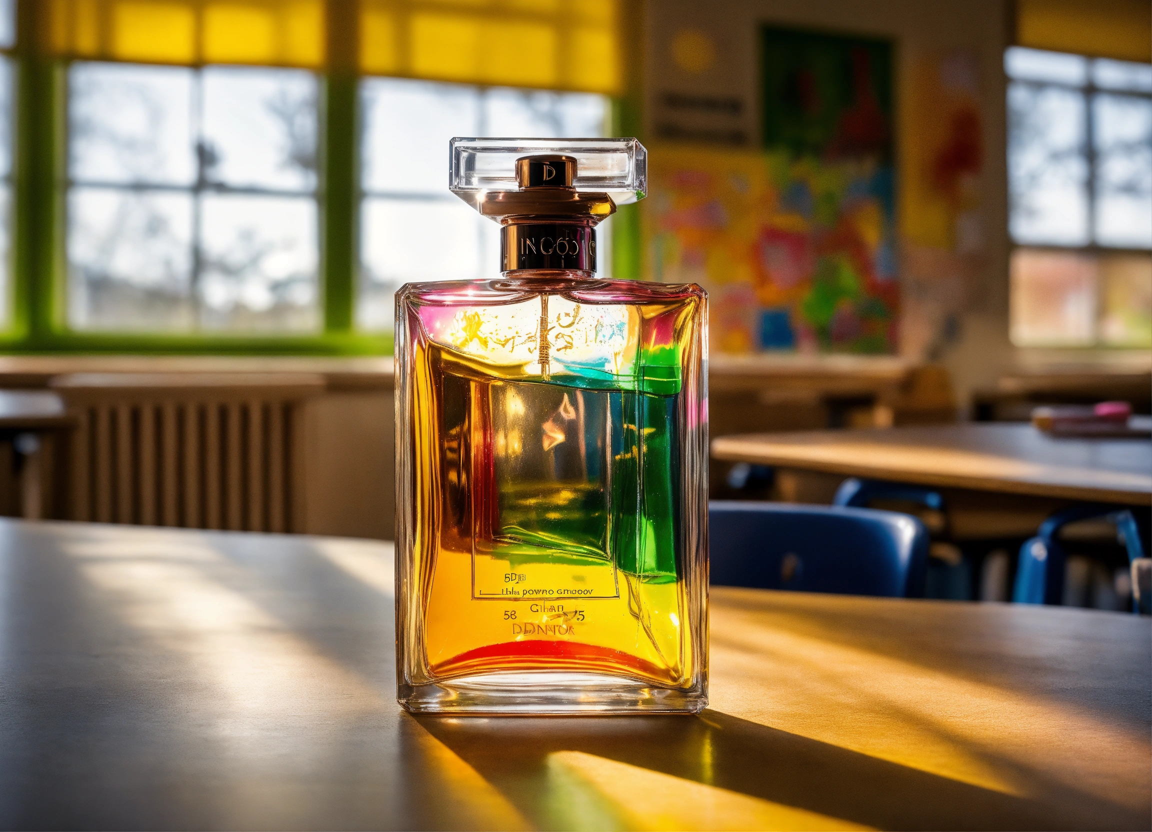 Lexica - Full length view, close-up view on table, giant perfume bottle ...
