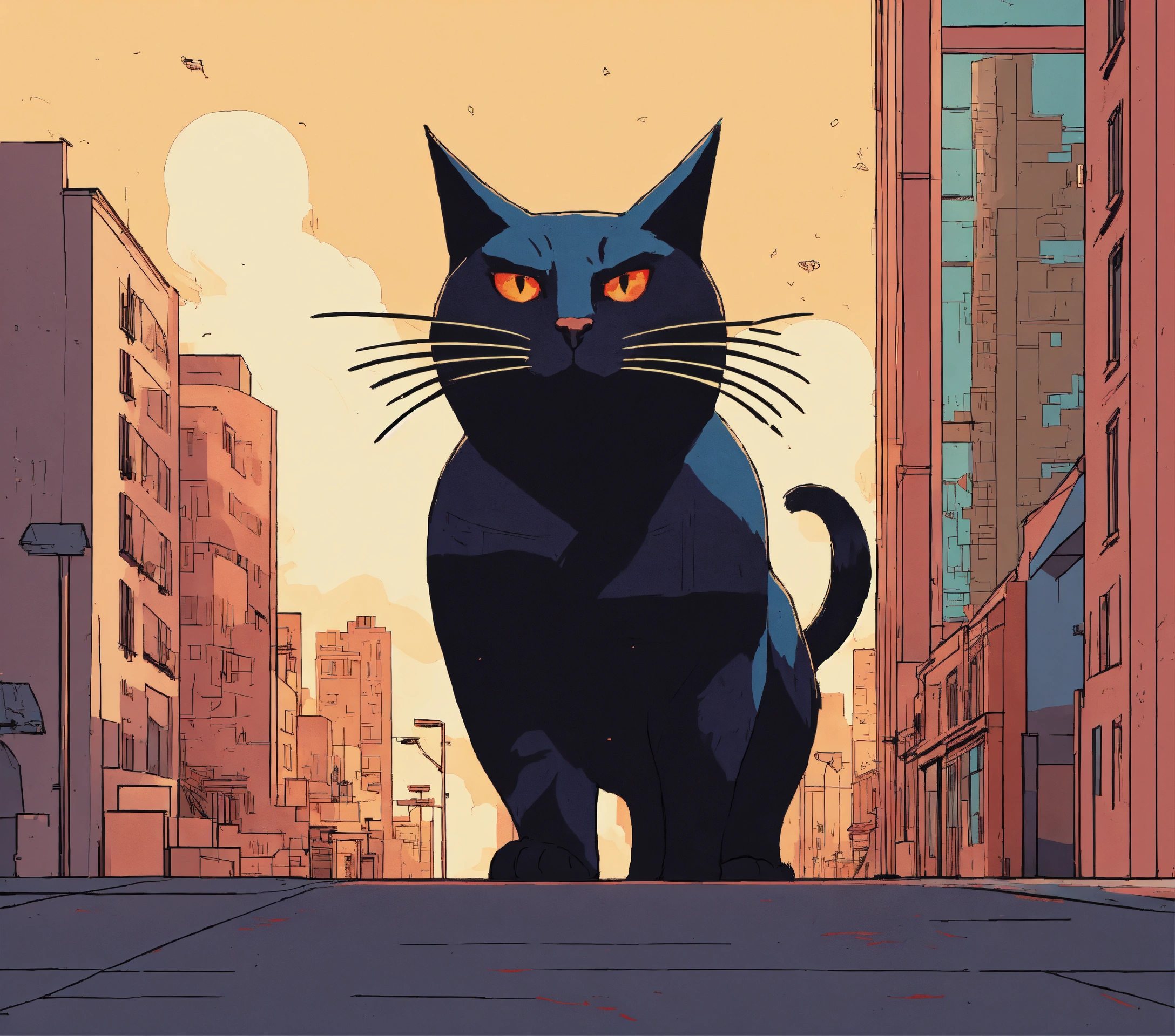 Lexica - A giant evil cat walking through buildings in a city, abstract ...